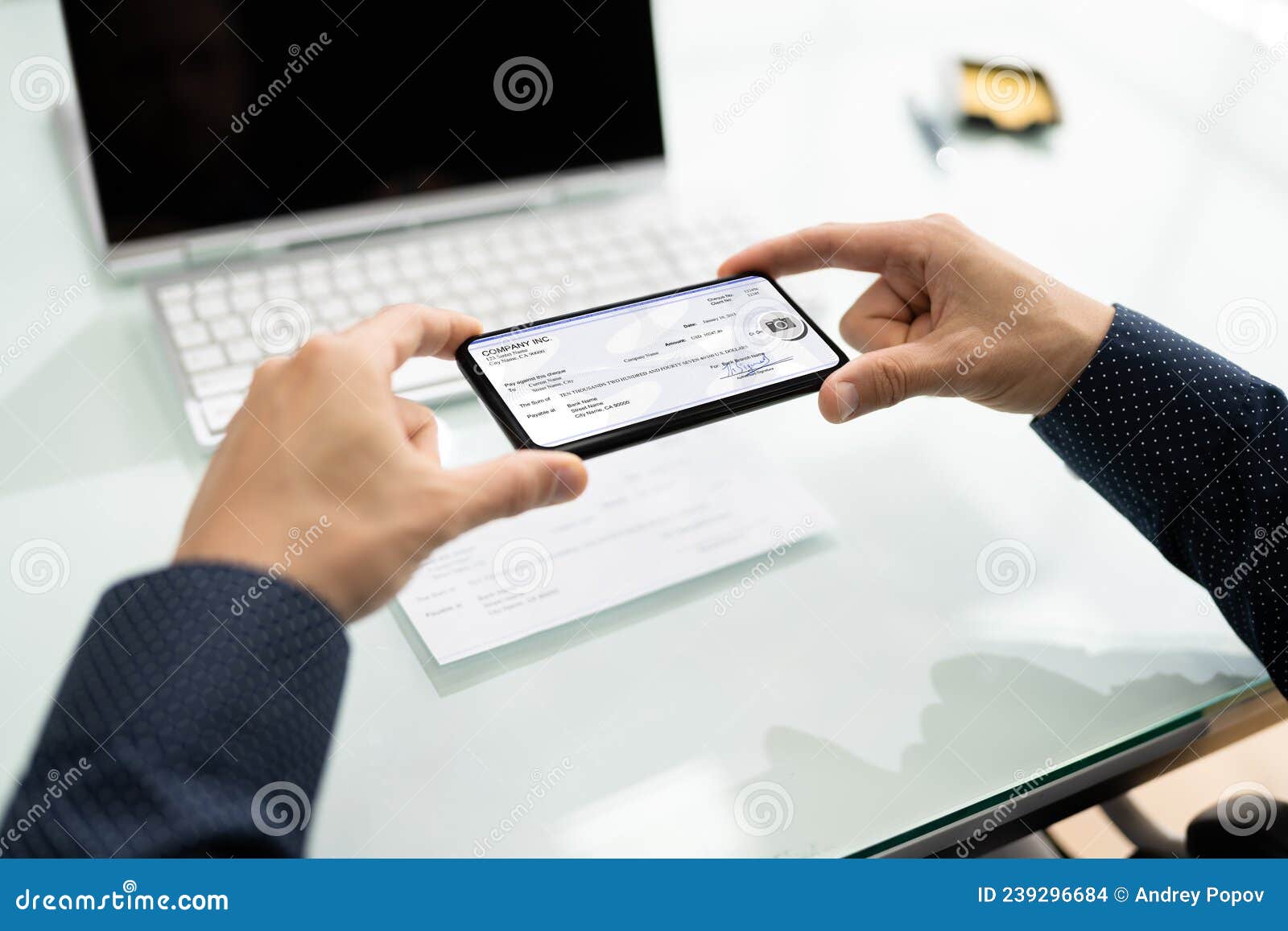 Scanning Remote Deposit Check Document Using Phone Stock Photo - Image ...