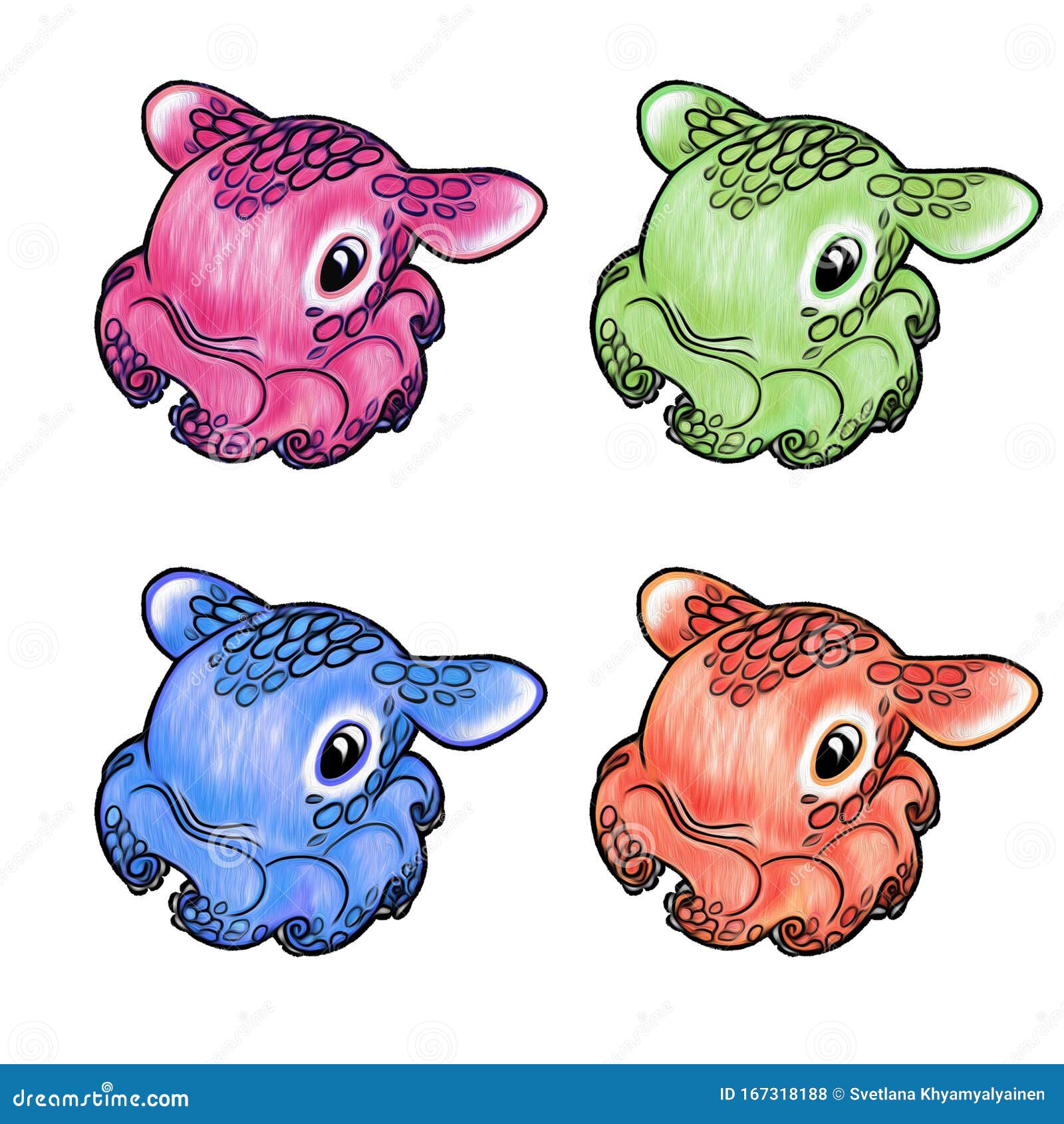 Hand Drawing. Set of Four Octopuses of Different Colors. Octopus Dumbo ...