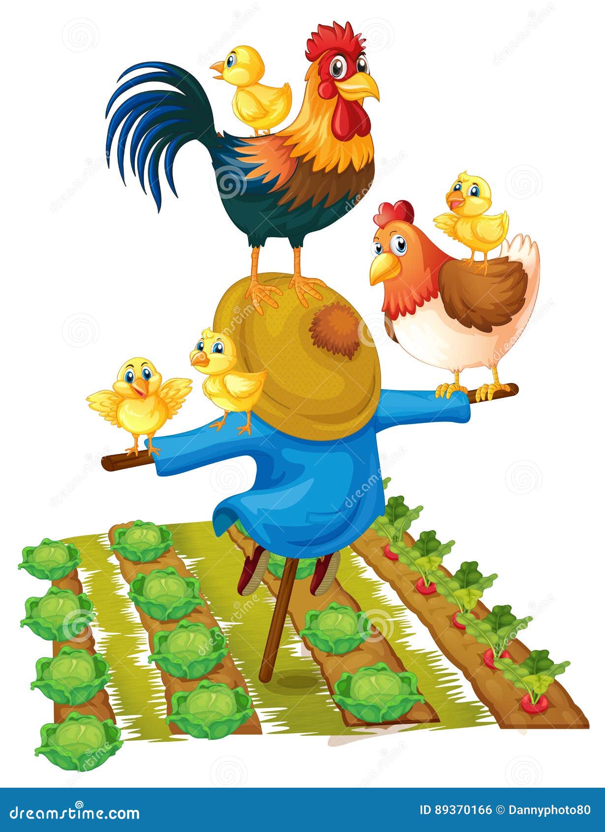 Scarecrow and Chickens in Vegetable Garden Stock Vector - Illustration ...