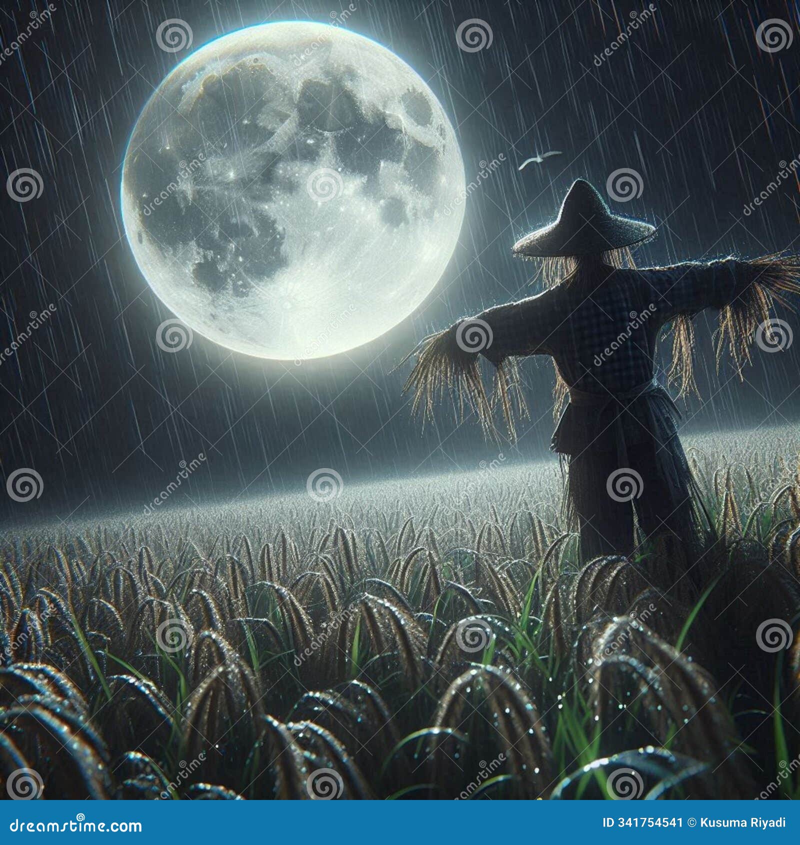 Scarecrow on the Field Under Full Moon Stock Image - Image of moon ...