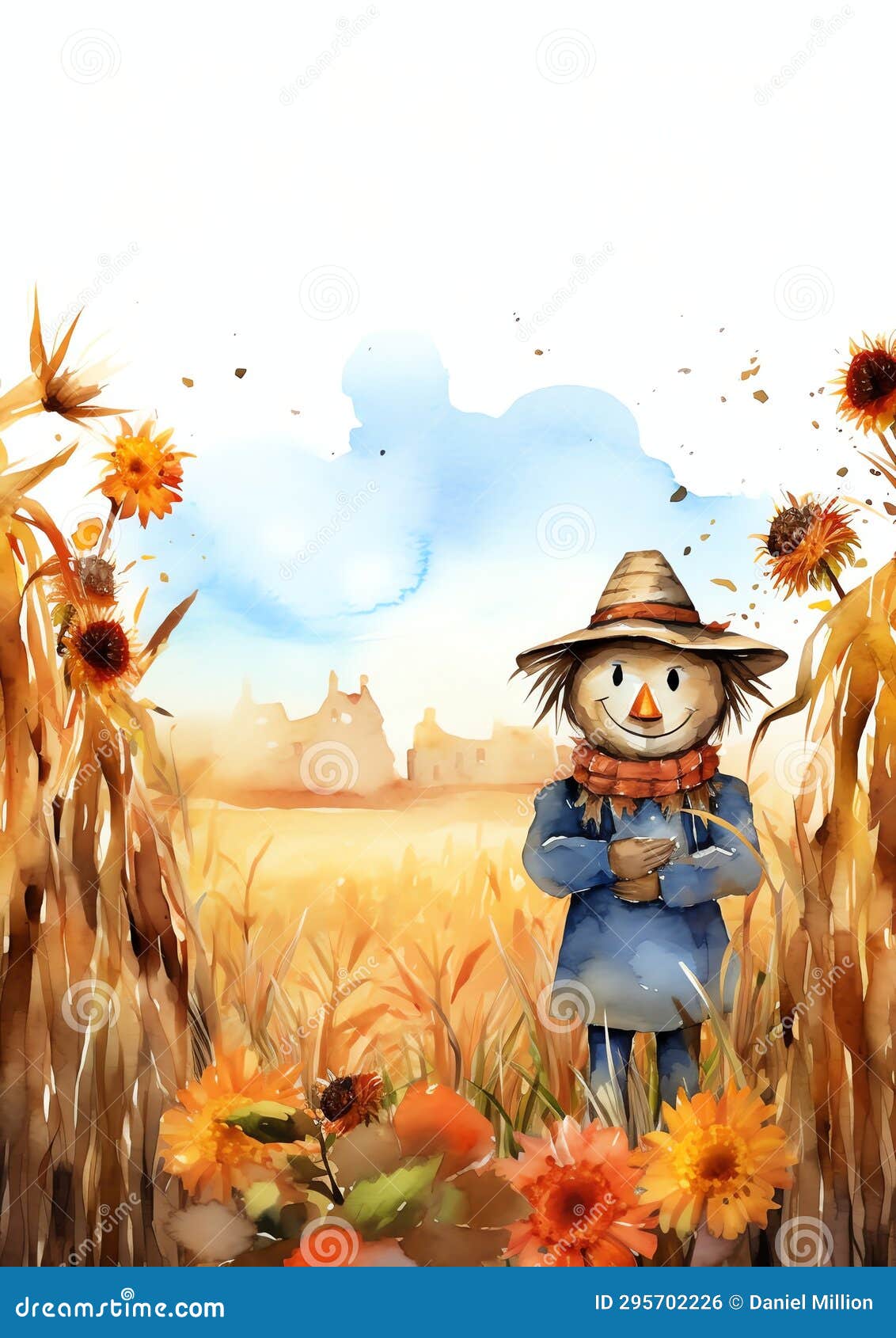 Scarecrow in a Field Watercolor Border Frame Stock Illustration ...
