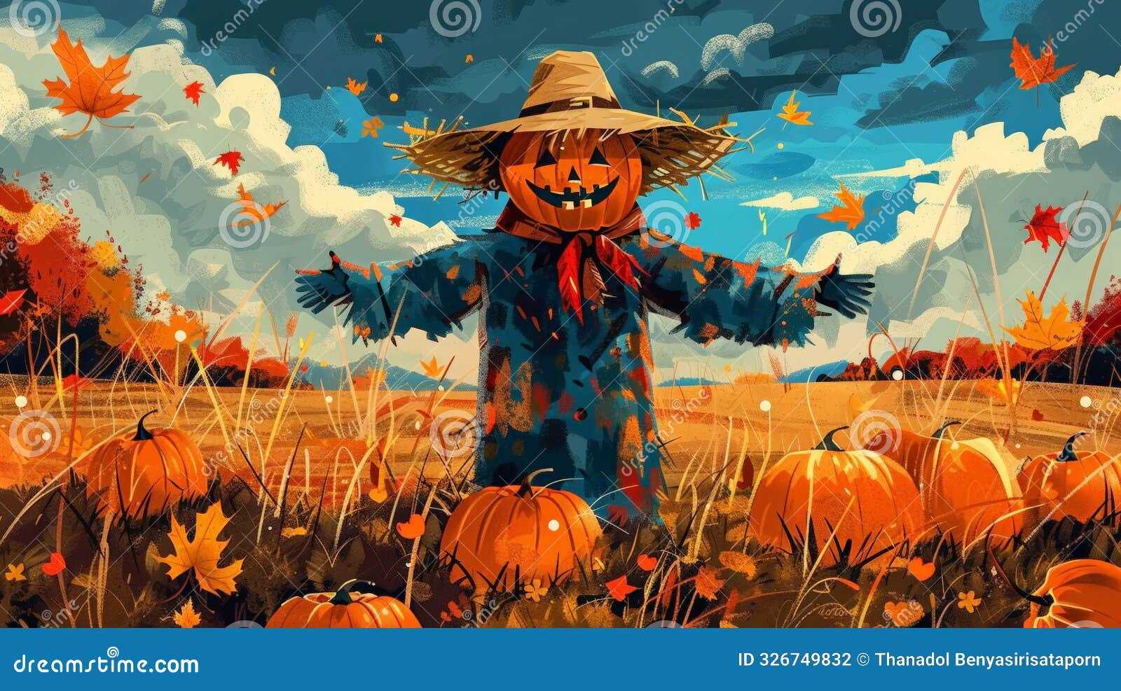 Scarecrow in a Pumpkin Patch, Autumn Scenery, Flat Design Illustration ...