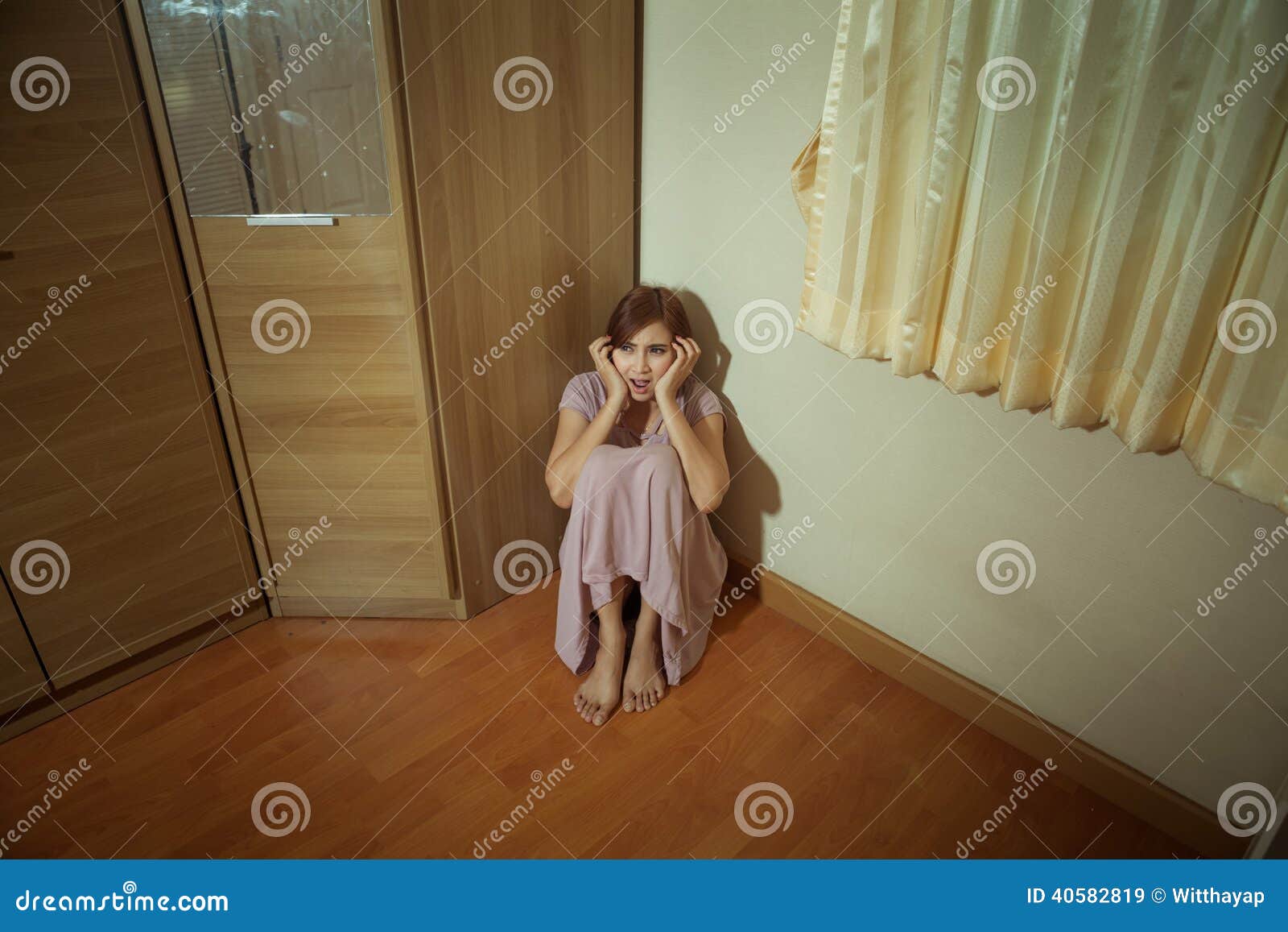 Scared Abused Woman Sitting in the Corner Stock Image - Image of misery ...