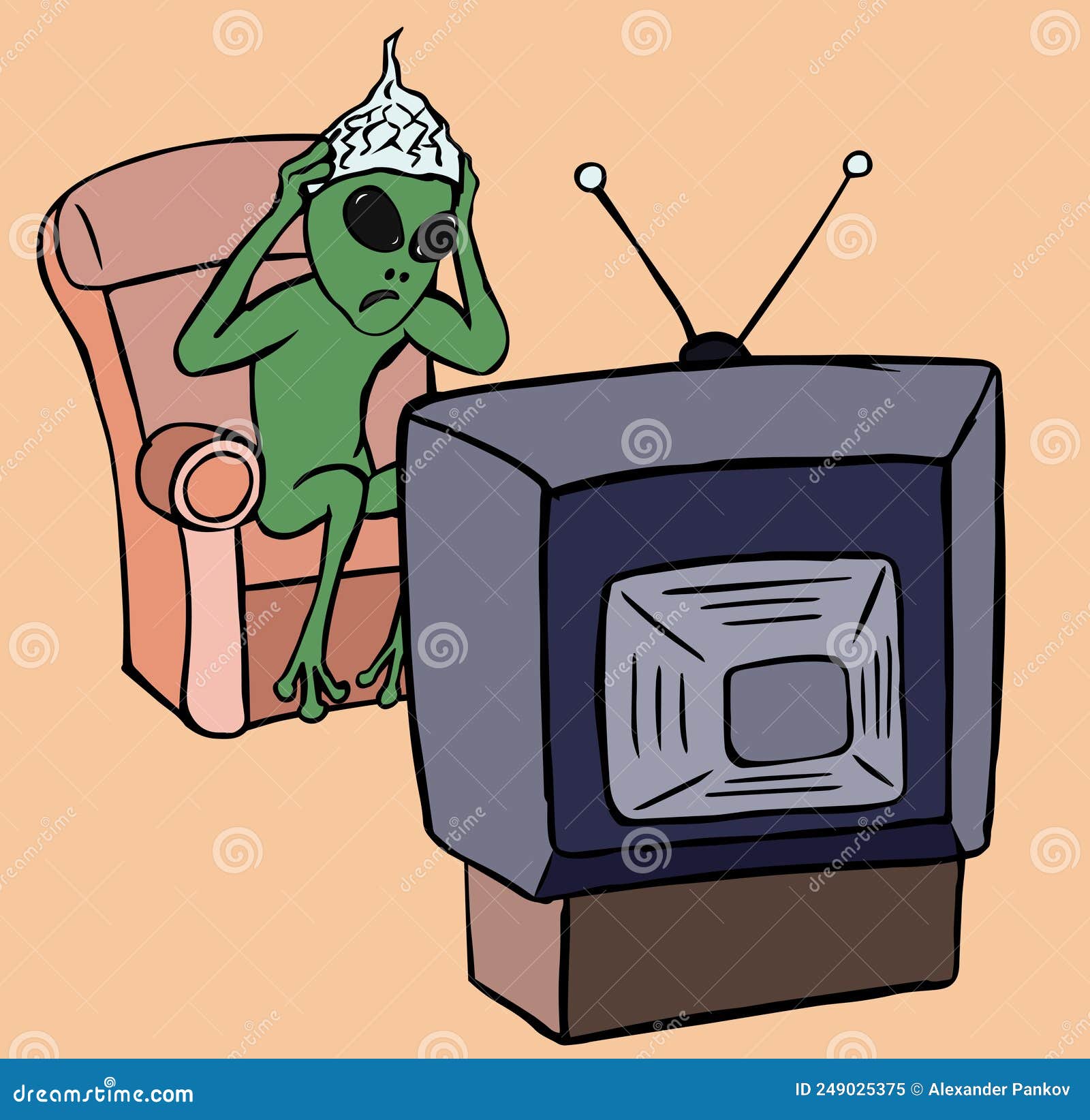 Scared Alien With A Foil Cap Watching Tv In Cabin Of His Spaceship ...