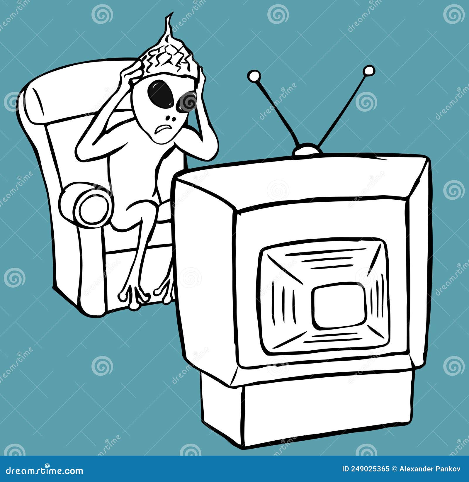 Scared Alien With A Foil Cap Watching Tv In Cabin Of His Spaceship ...