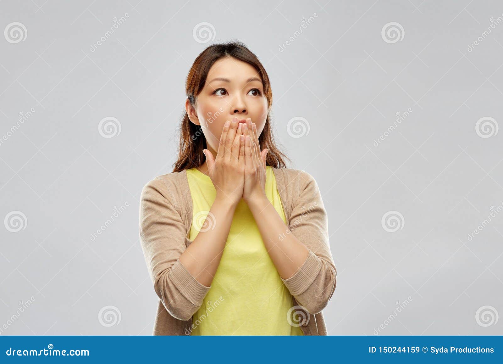 Scared Asian Woman Looking Down On A Mountain Cliff Royalty-Free Stock ...