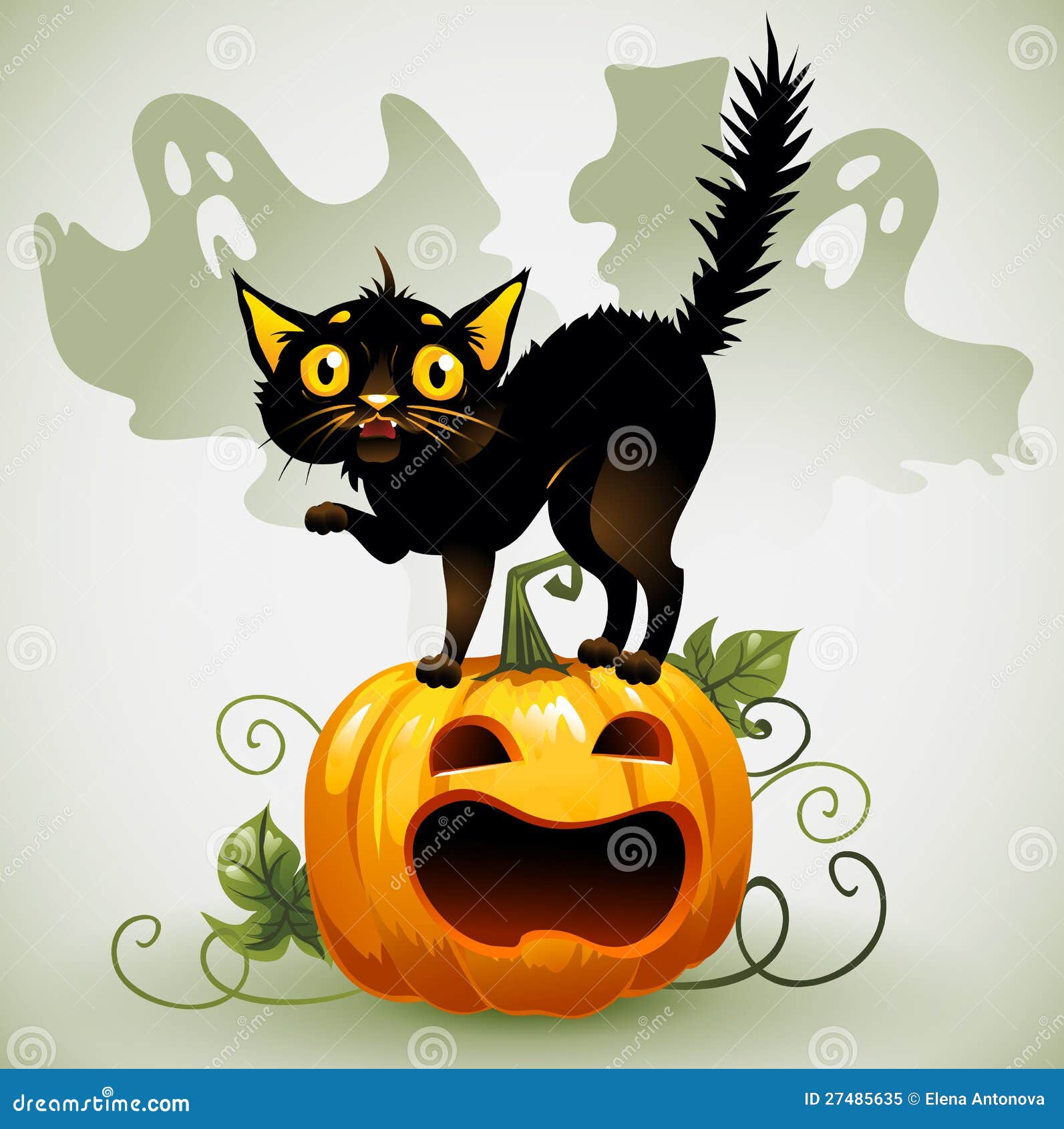 Scared Black Cat on a Pumpkin and Ghost. Stock Vector - Illustration of ...