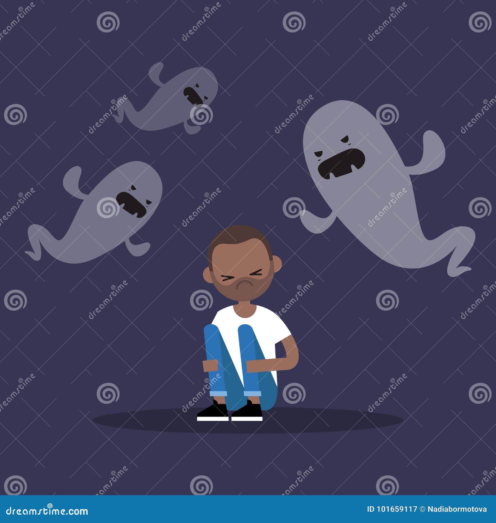 Scared Black Man Surrounded by Ghosts / Flat Illustrati Stock ...