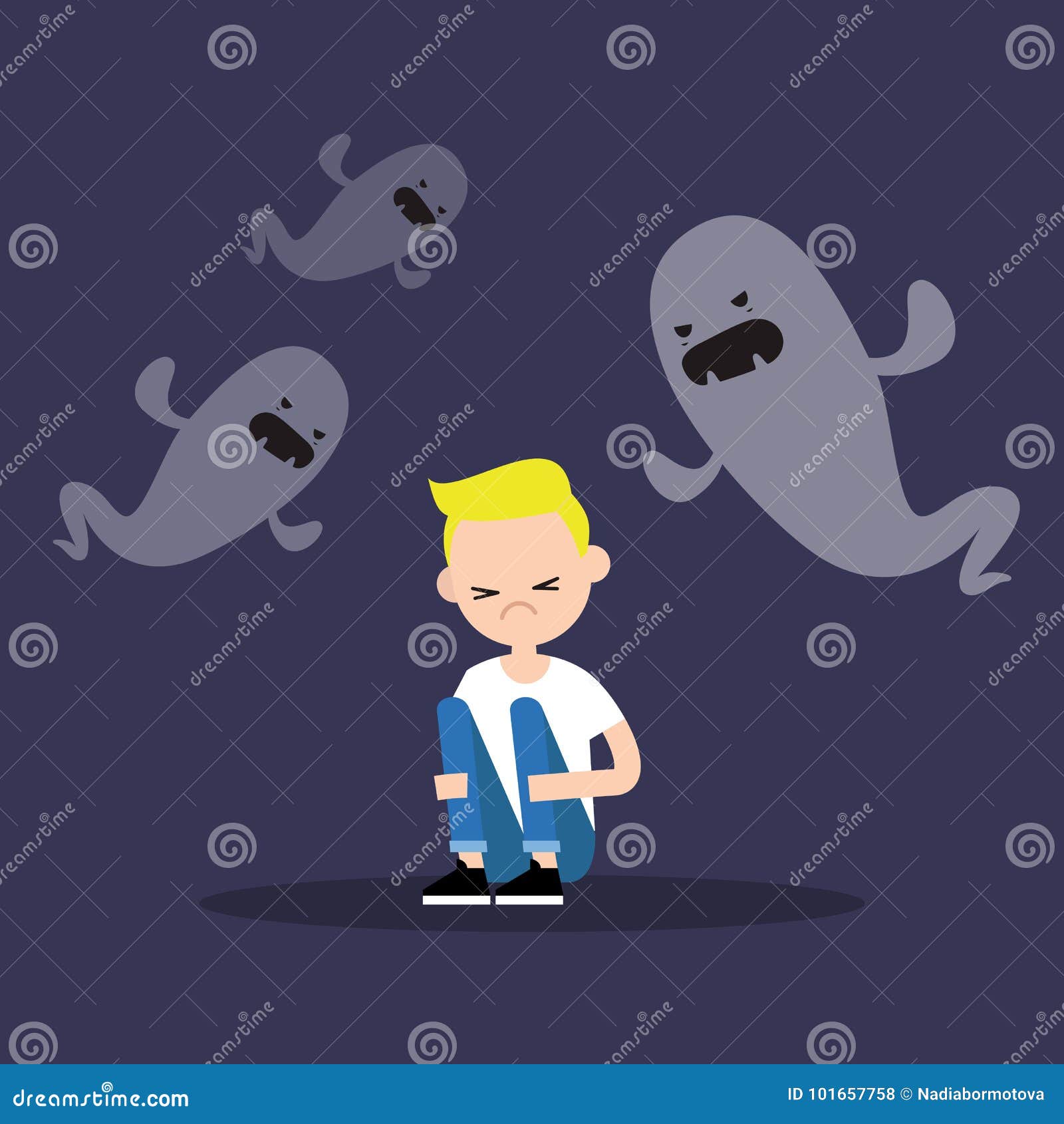 Scared Blond Boy Surrounded by Ghosts / Flat Editable Illustration ...