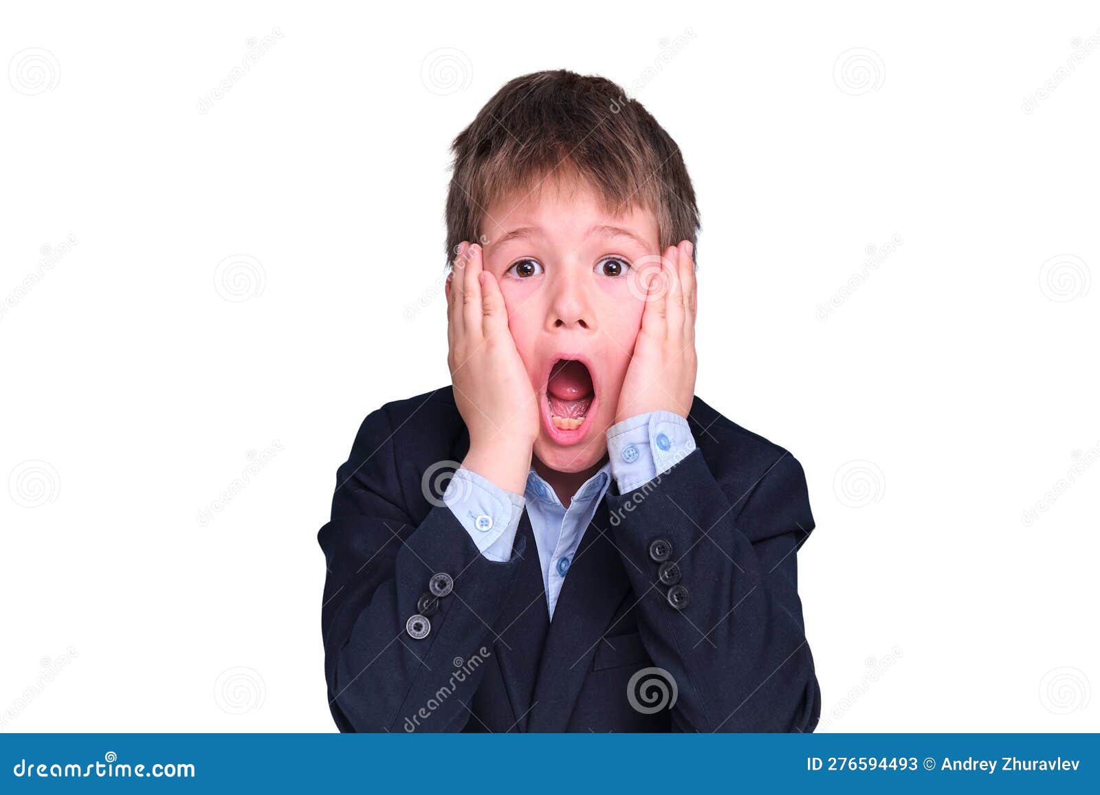 A Scared Boy in a School Suit on Distance Learning, Isolated on a White ...