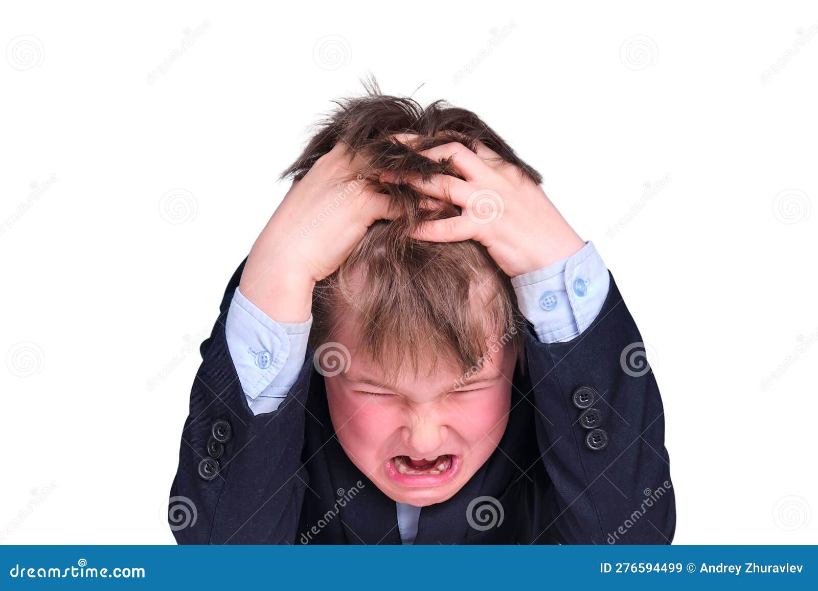 A Scared Boy in a School Suit on Distance Learning, Isolated on a White ...
