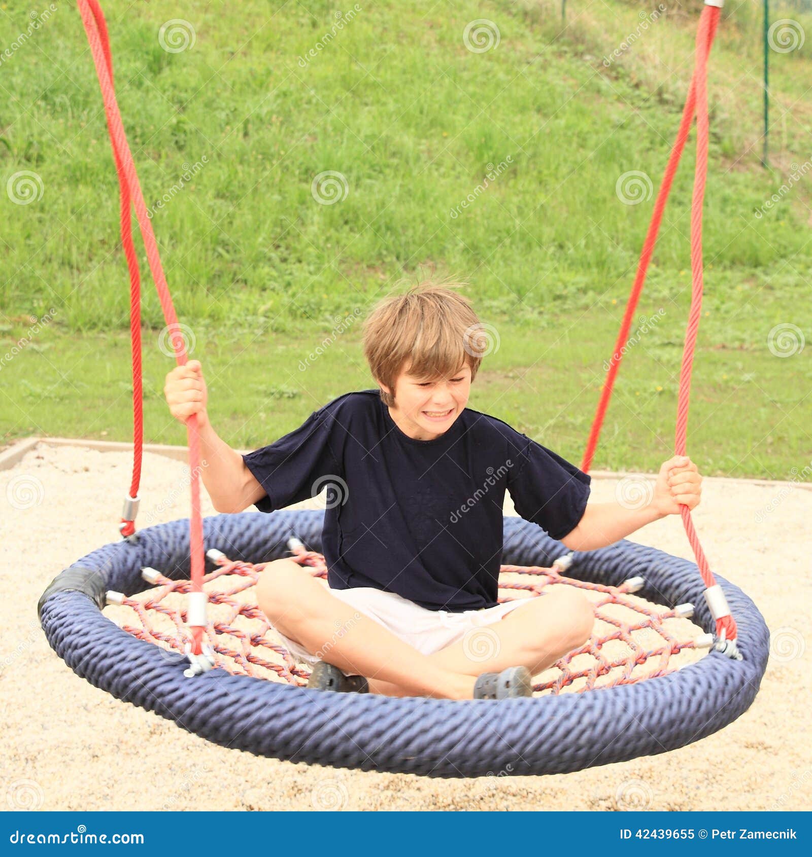Scared Boy Sitting on a Net Swing Stock Image - Image of swinging ...
