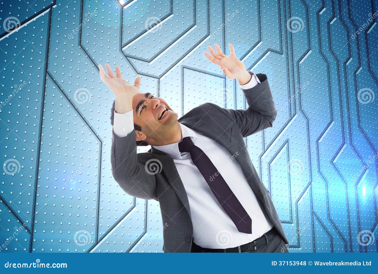 Scared Businessman with Arms Raised Stock Photo - Image of suit ...