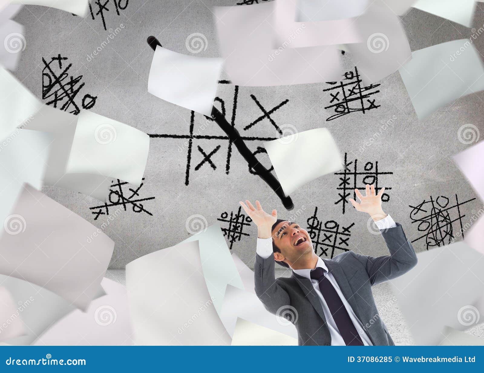 Scared Businessman with Arms Raised Stock Image - Image of loser, paper ...