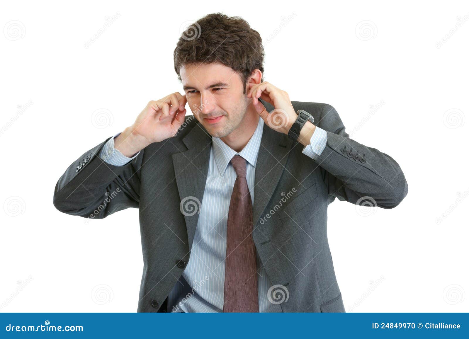 Scared Businessman Closing Ears with Fingers Stock Photo - Image of ...