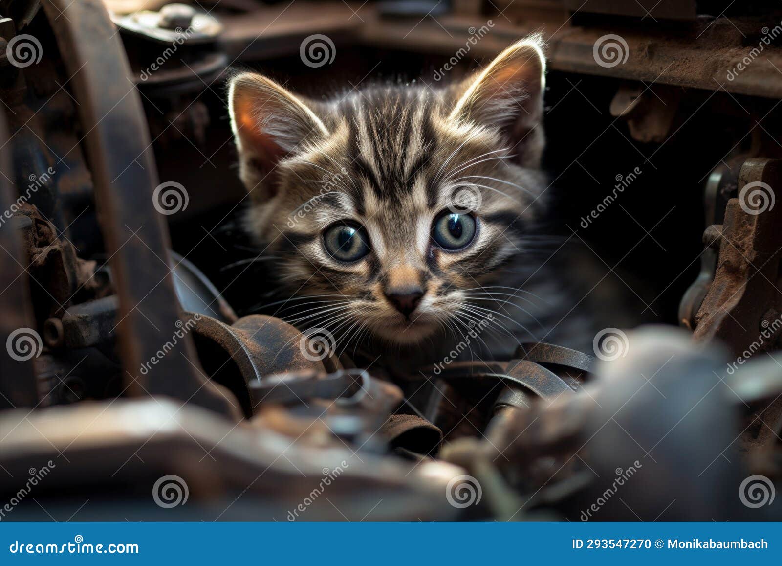 Scared Cat Kitten Hiding Inside Car Engine Stock Photo - Image of ...