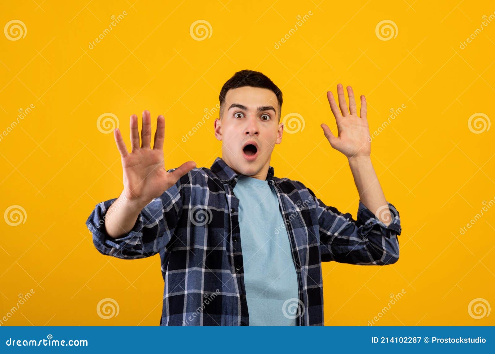 Scared Caucasian Guy Shouting in Panic, Making STOP Gesture with Both ...