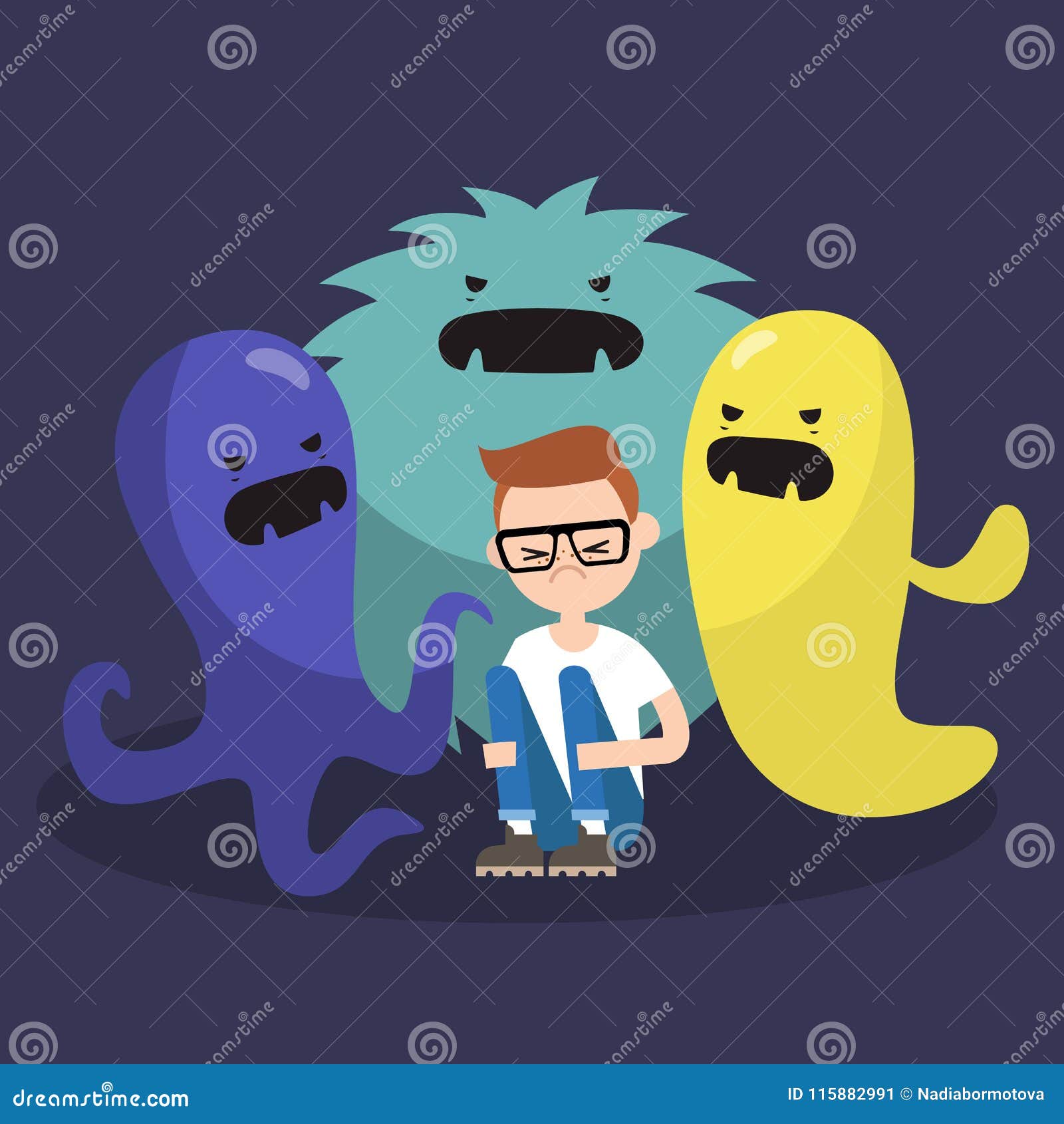 Scared Character Surrounded by Ugly Monsters / Flat Vec Stock ...
