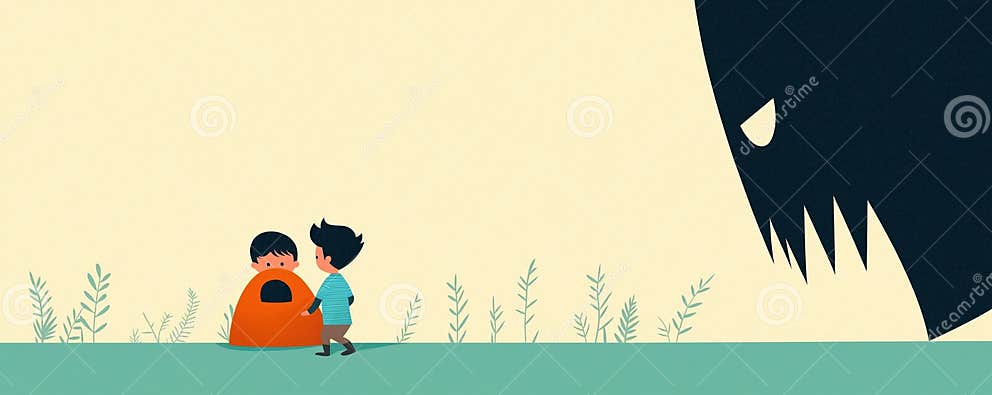 Scared Child Hiding, Dark Shadow Approaching, Flat Design Illustration ...