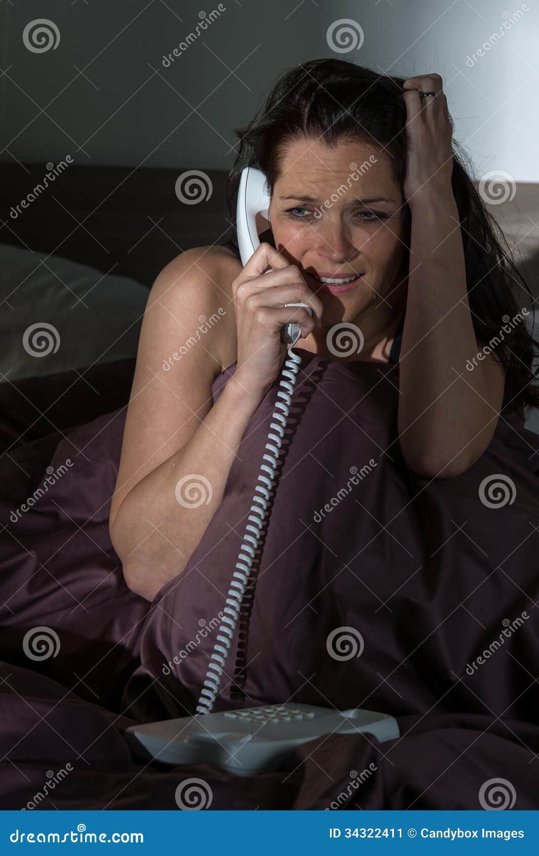 Scared Crying Caucasian Woman Calling in Bed Stock Image - Image of ...