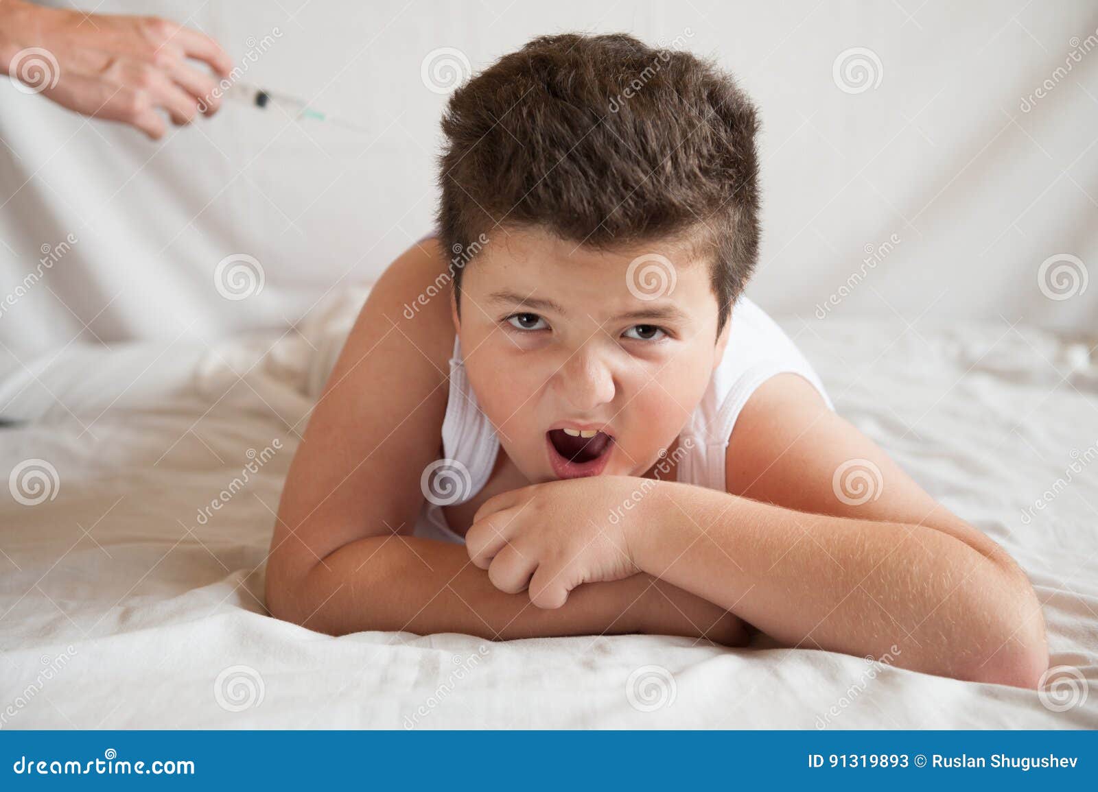 Scared Fat Boy is Afraid of Hands with Syringe Stock Image - Image of ...