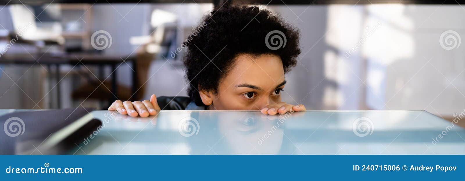 Scared Female Hiding Under Desk Stock Photo - Image of fear, hiding ...
