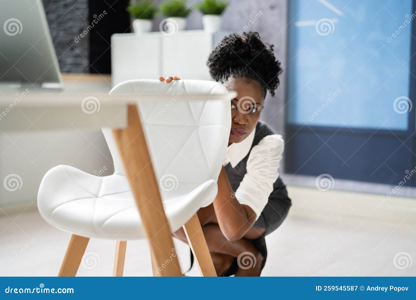 Scared Female Hiding Under Desk Stock Image - Image of lady, scary ...