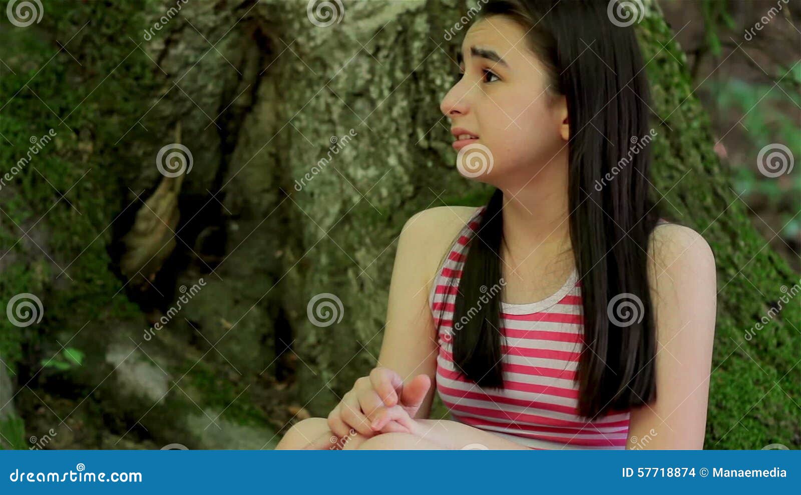Scared girl lost in forest stock footage. Video of destination - 57718874