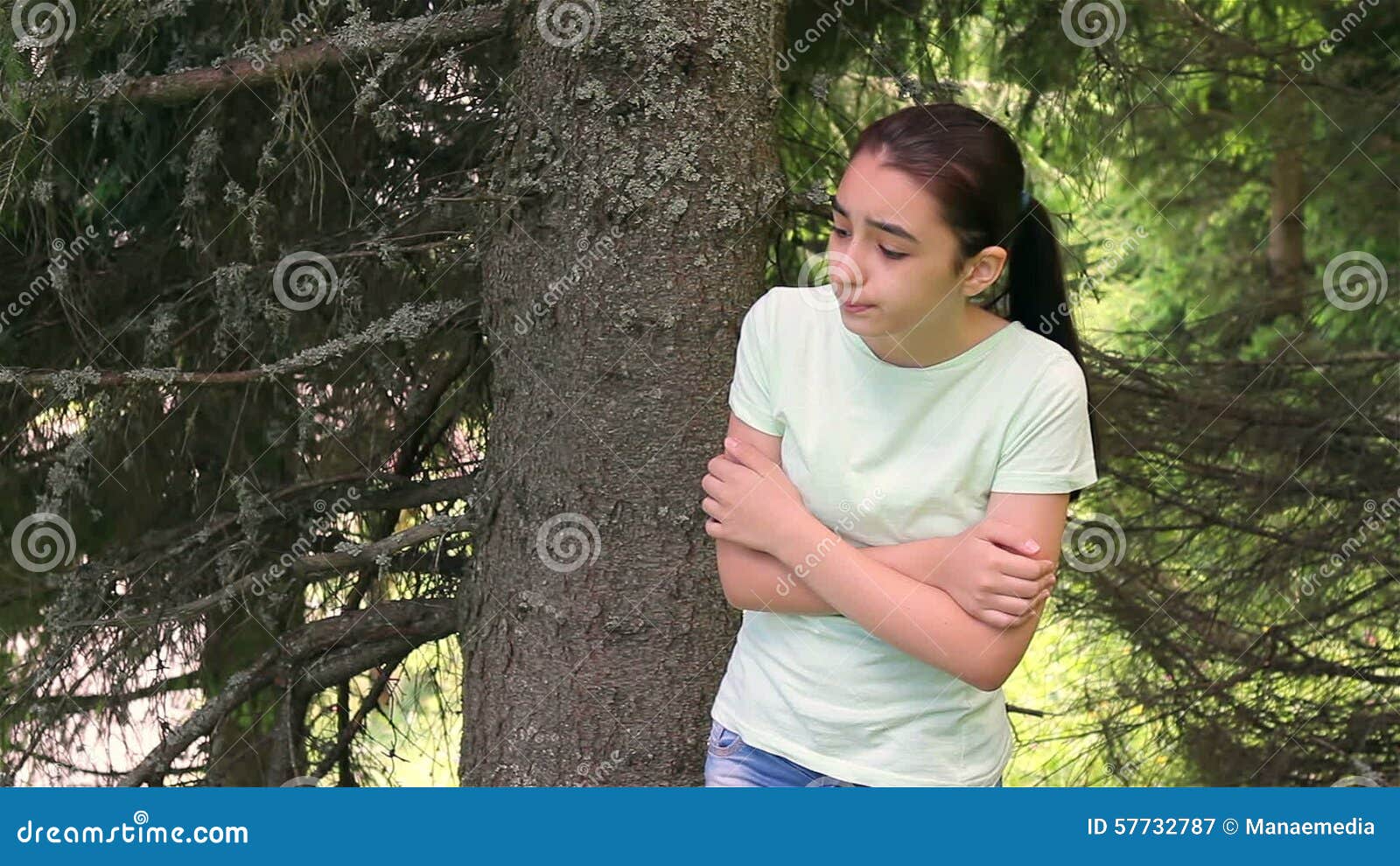 Scared girl lost in forest stock video. Video of destination - 57732787