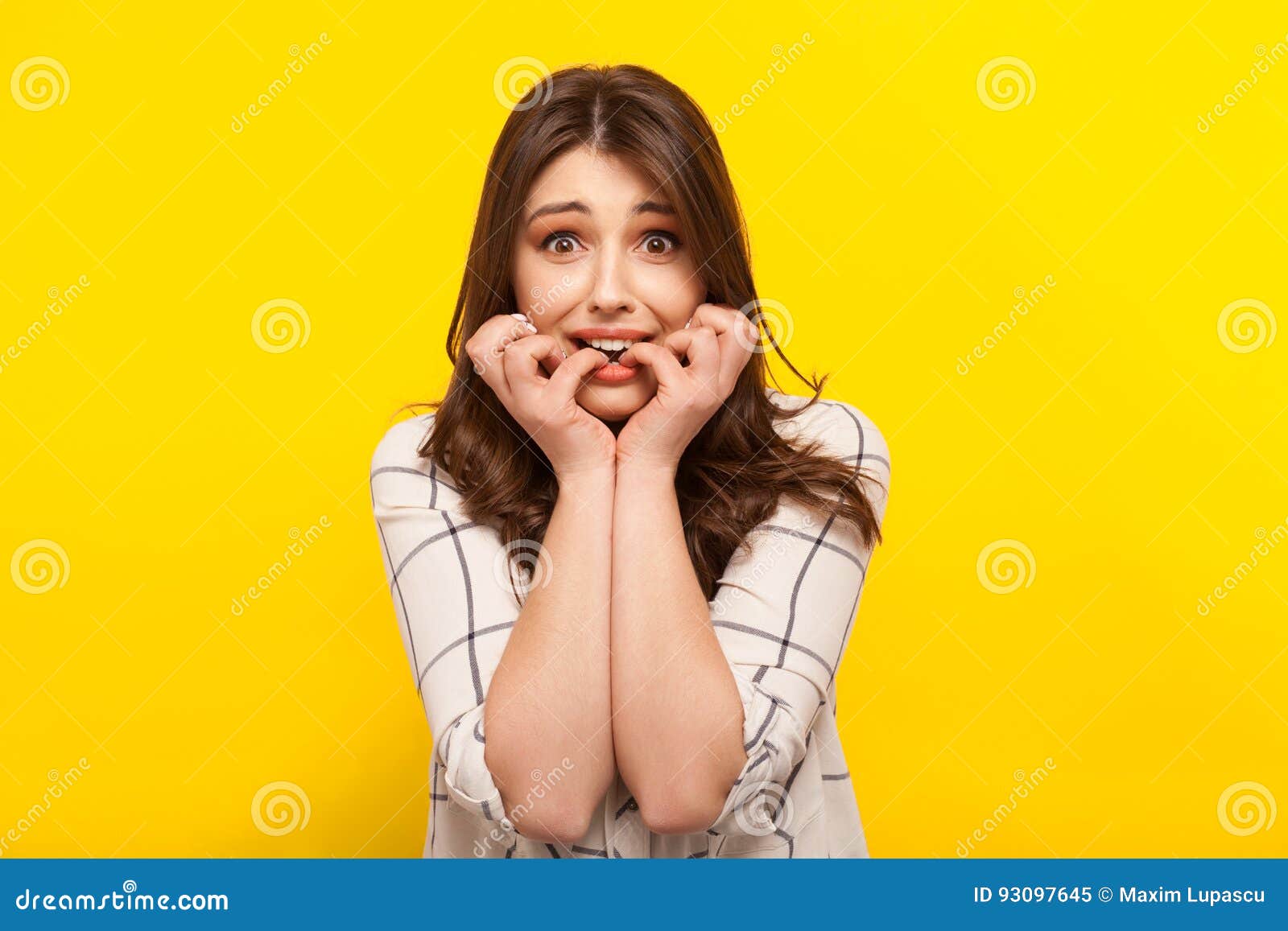Scared Girl Posing on Yellow Stock Image - Image of facial, scared ...