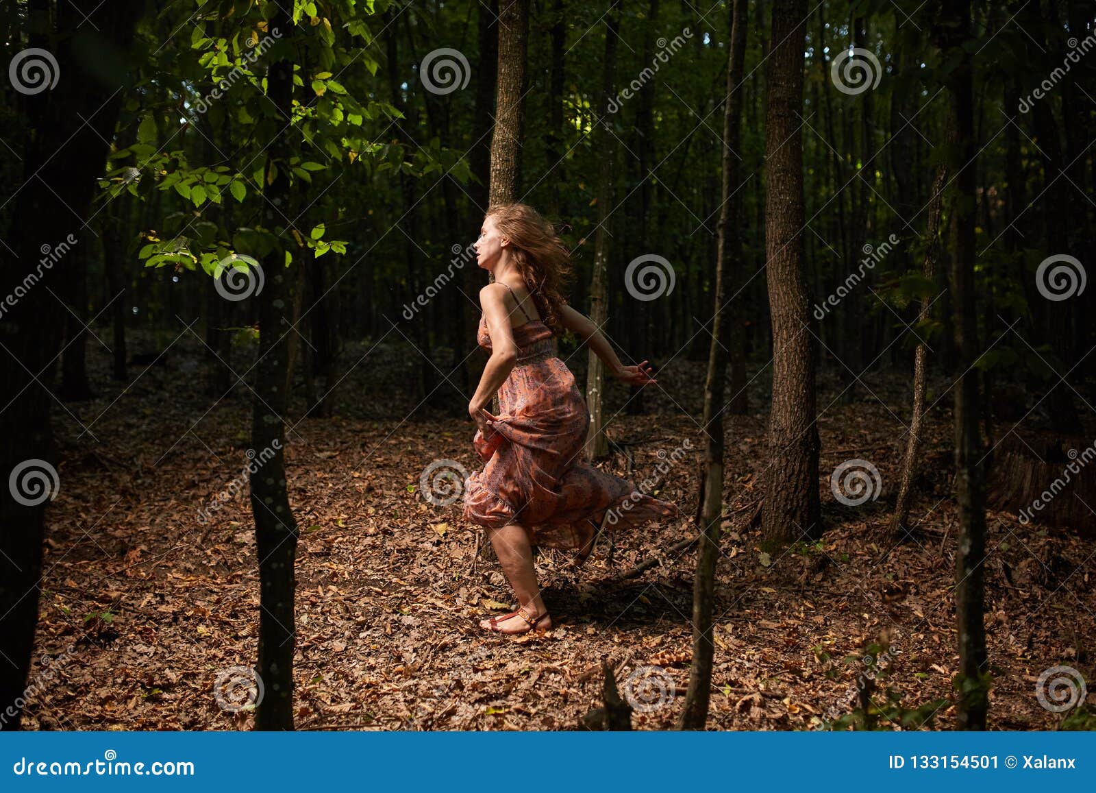 Scared Girl Running through Forest Stock Image - Image of fear, people ...