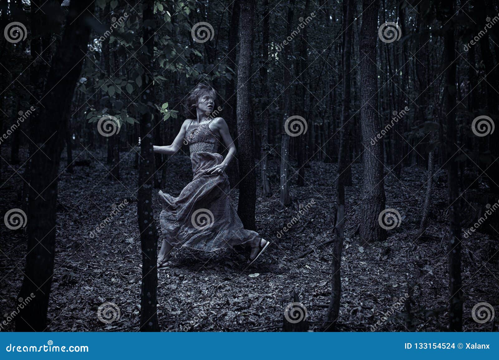 Scared Girl Running through Forest Stock Photo - Image of chasing ...