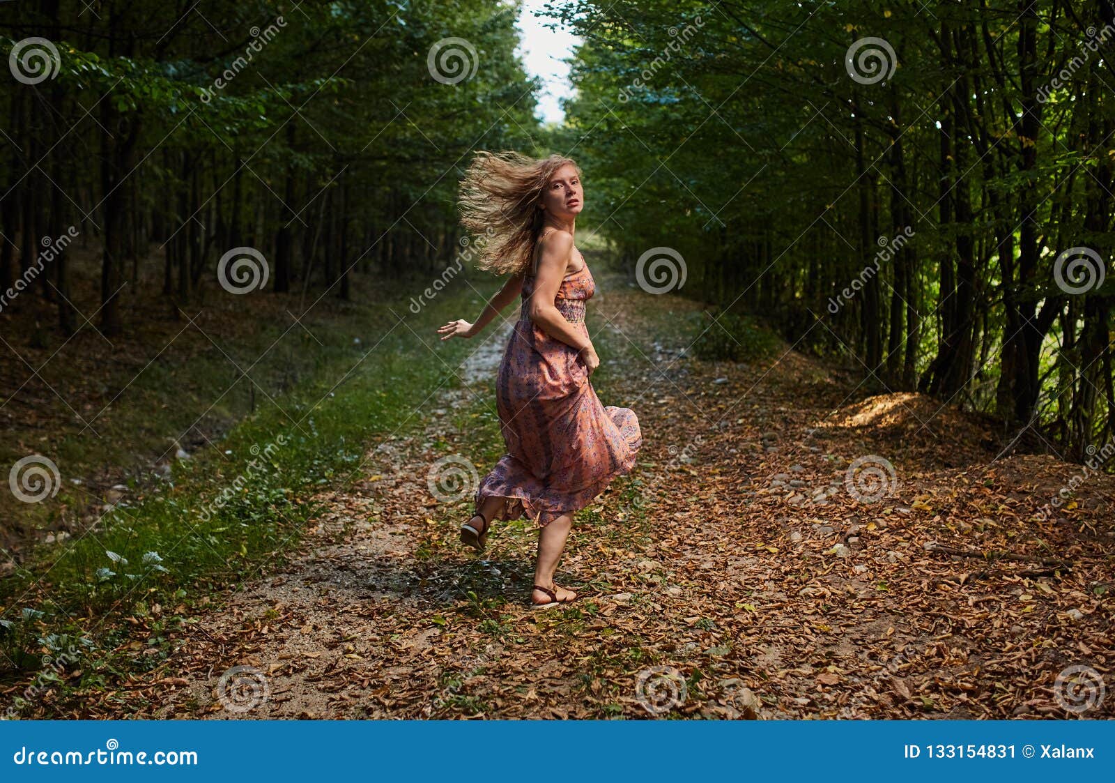 Scared Girl Running through Forest Stock Image - Image of terrified ...