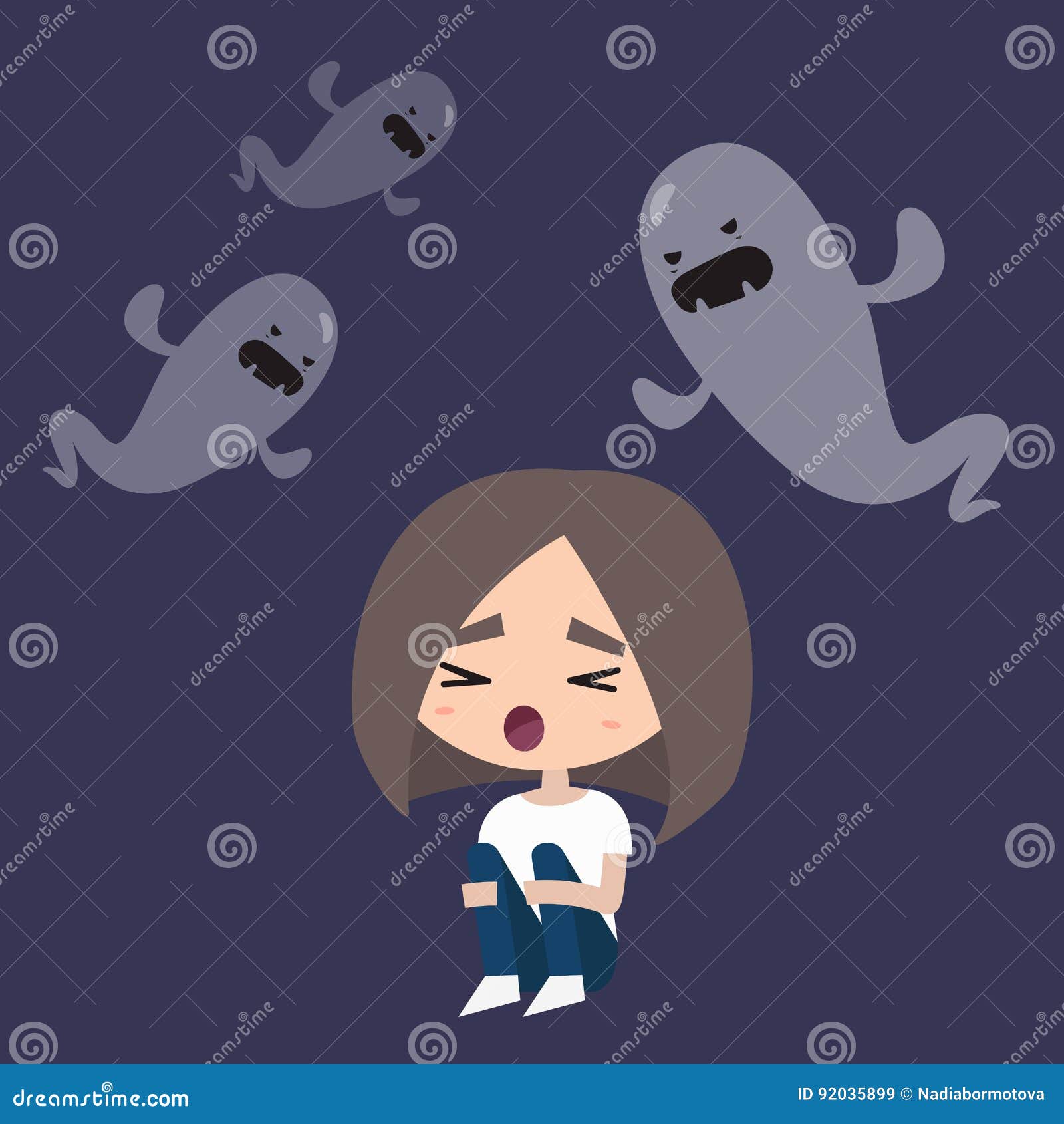 Scared Girl Surrounded by Ghosts Stock Illustration - Illustration of ...