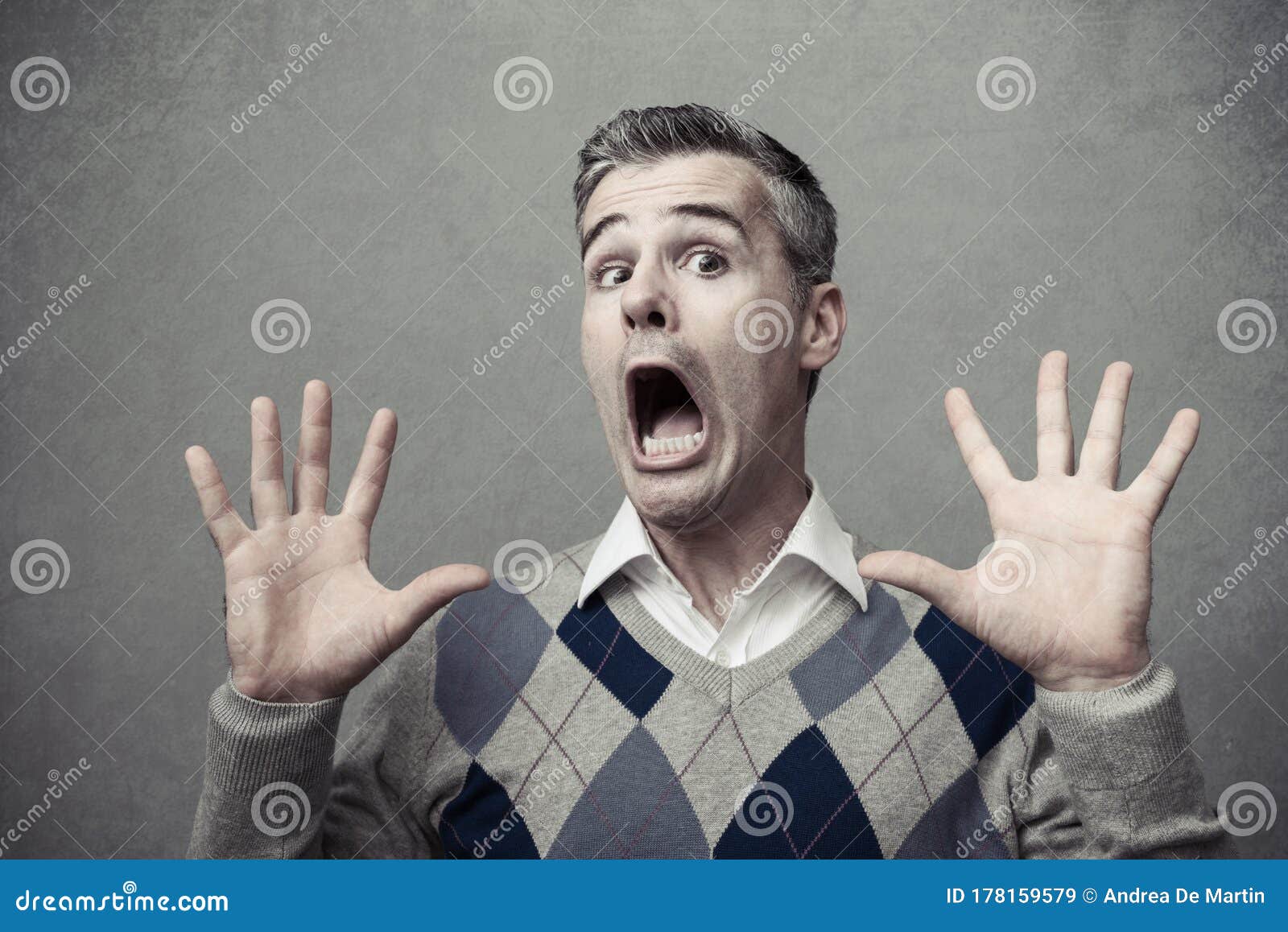 Scared guy shouting stock image. Image of phobia, horrified - 178159579