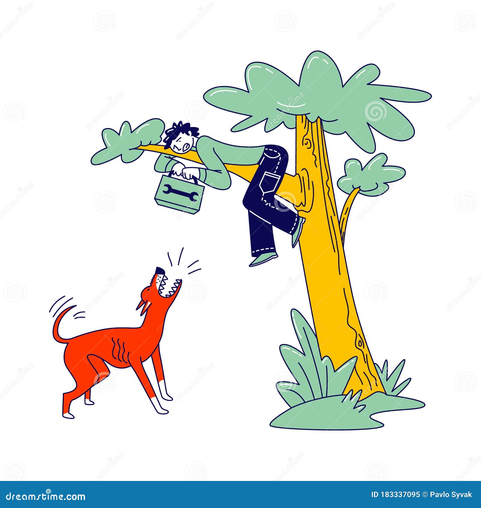 Scared Handyman with Toolbox in Hands Sitting on Tree Avoiding Dog ...