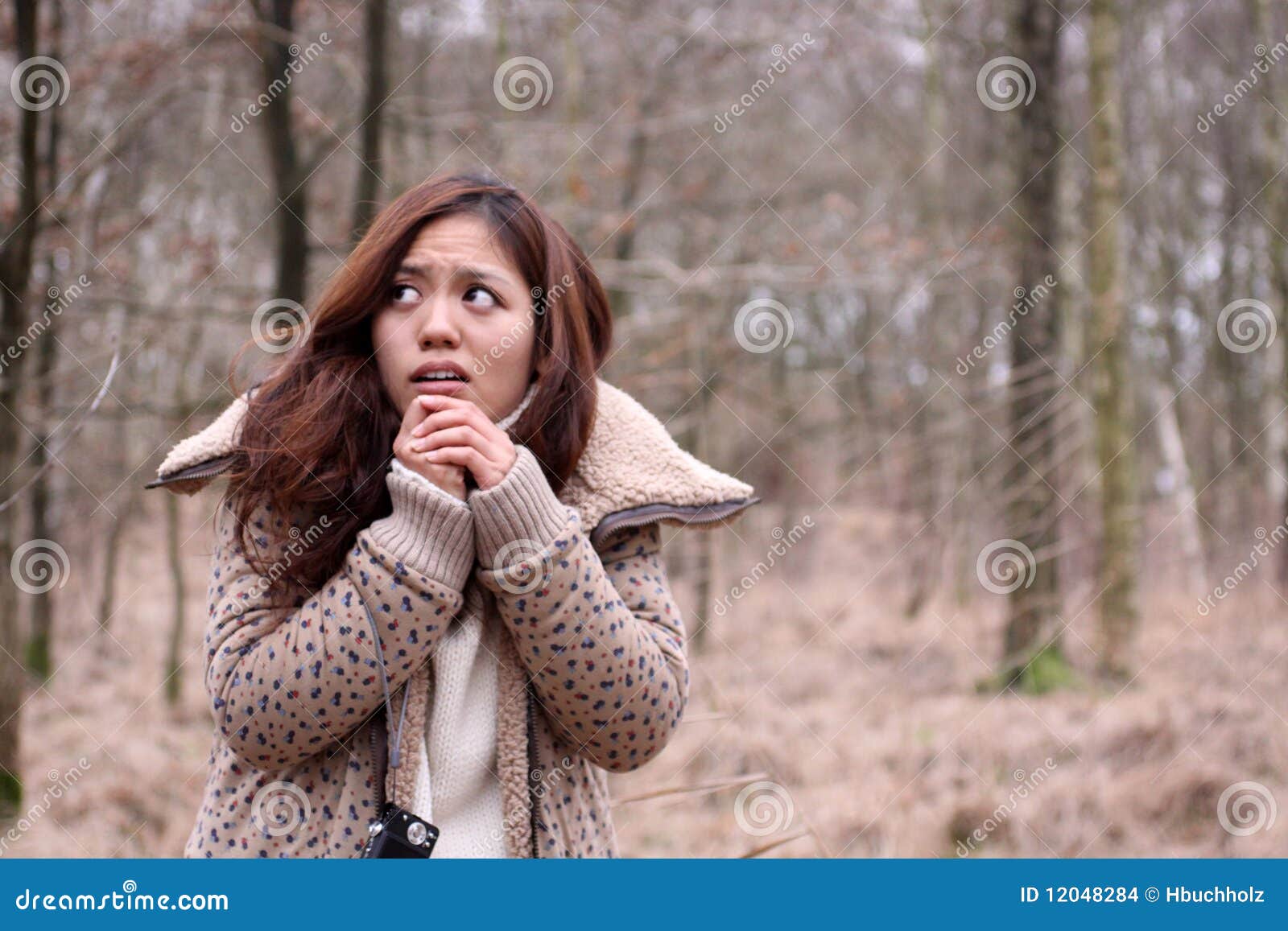 Scared Japanese Girl with Camera in a Dark Forest Stock Photo - Image ...