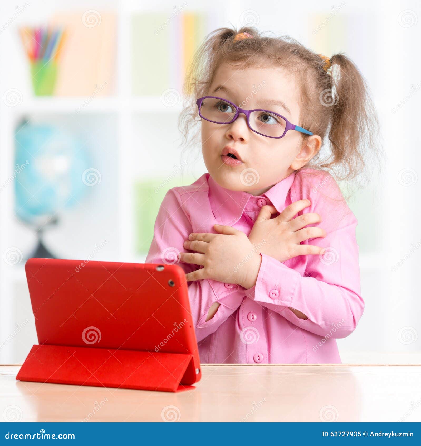Scared Kid with Tablet PC in Spectacles Stock Image - Image of ...