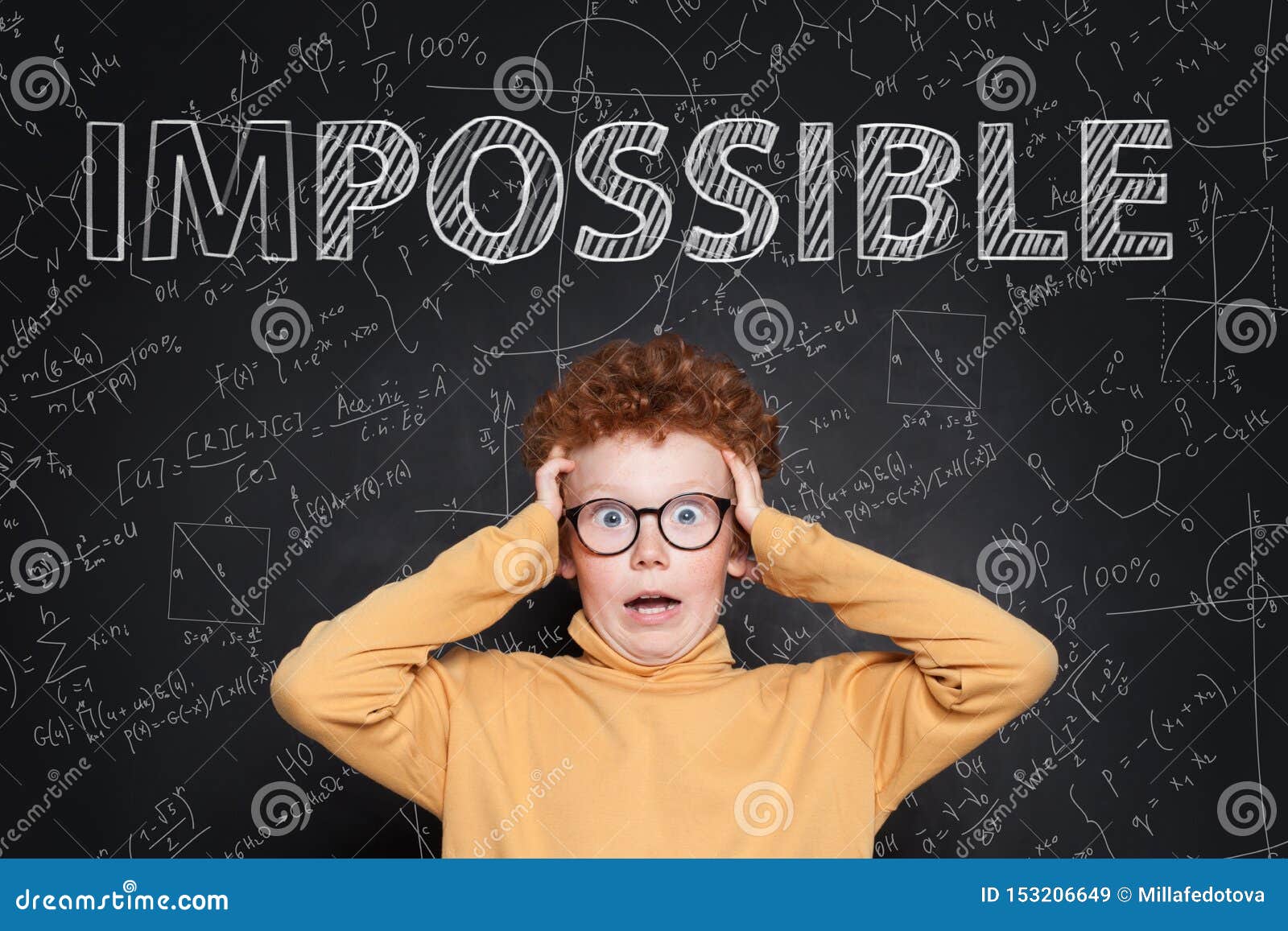 Scared Kid Wearing Glasses with Text Impossible on Chalkboard ...