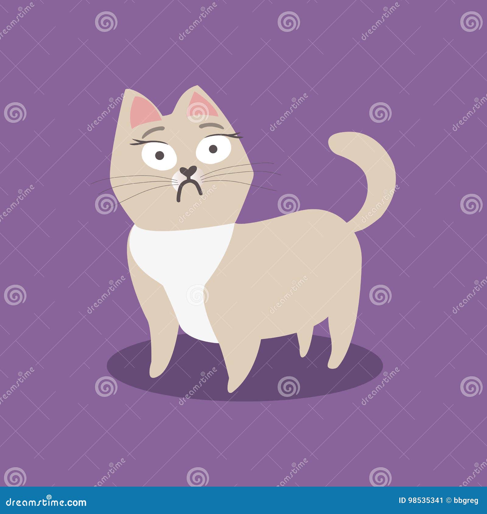 Scared Little Beige Cat on Violet Background. Vector Illustration ...