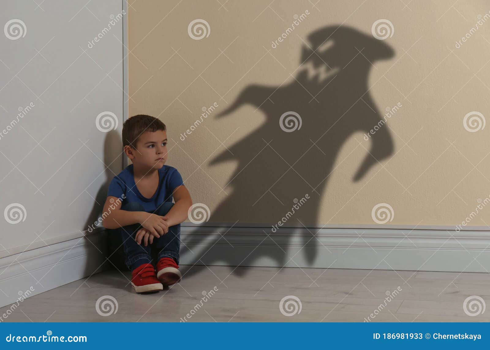 Scared Boy Suffering from Sciophobia and Phantom Behind Him. Irrational ...