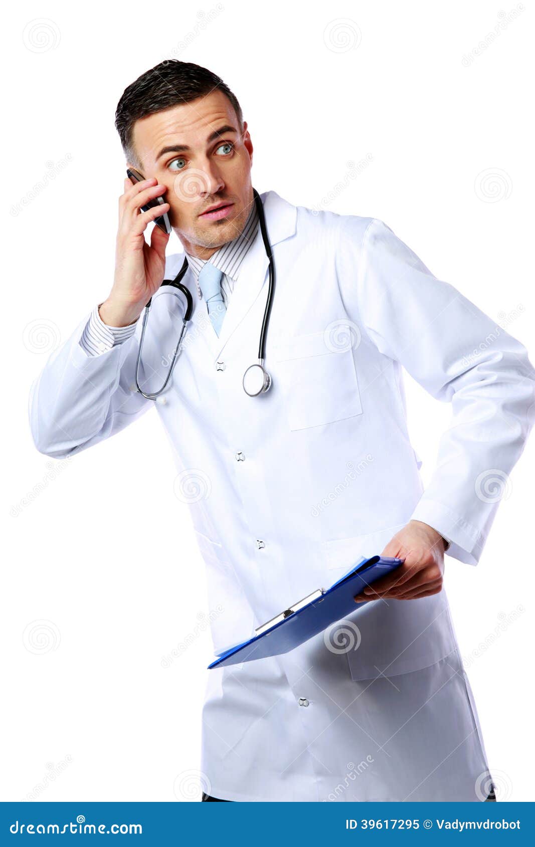 Scared Male Doctor Talking on the Phone Stock Image - Image of ...