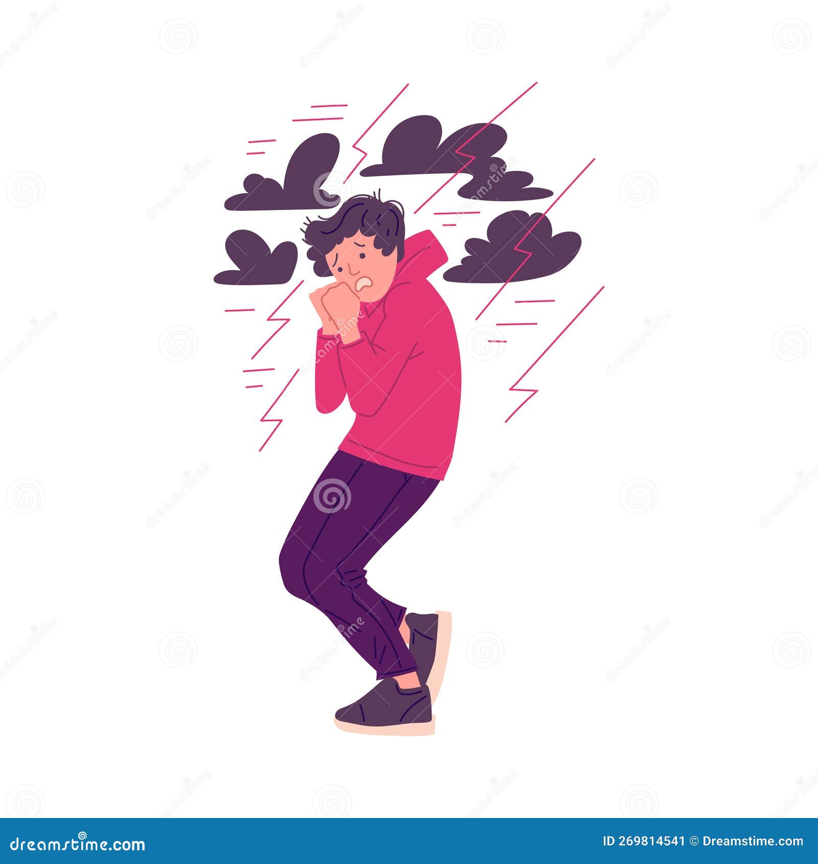 Scared Man is Afraid of Lighting and Thunderstorm, Flat Vector ...