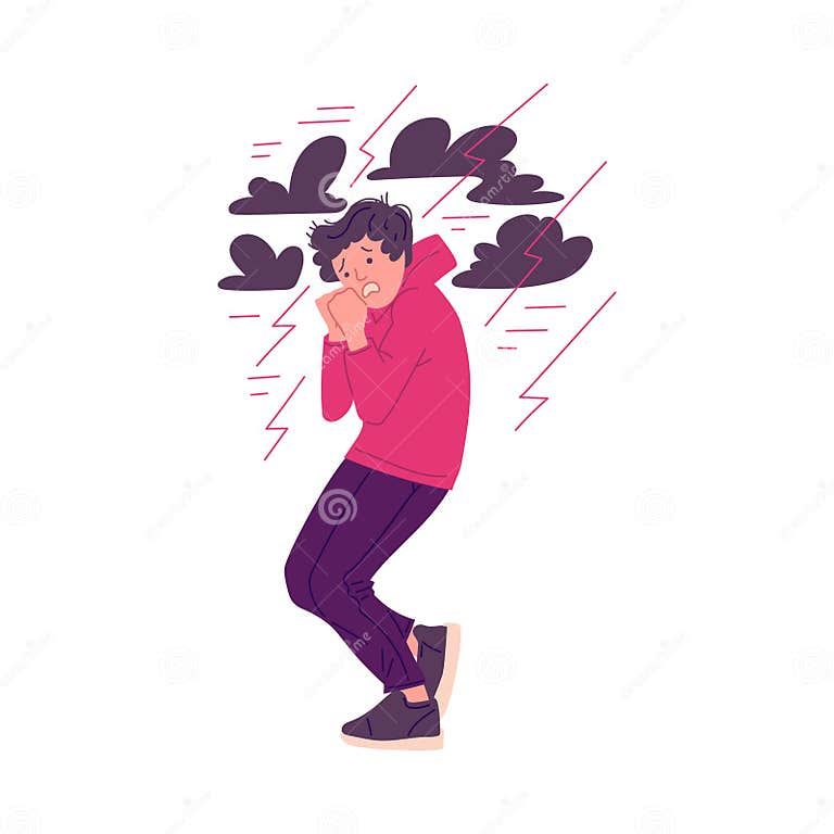 Scared Man is Afraid of Lighting and Thunderstorm, Flat Vector ...