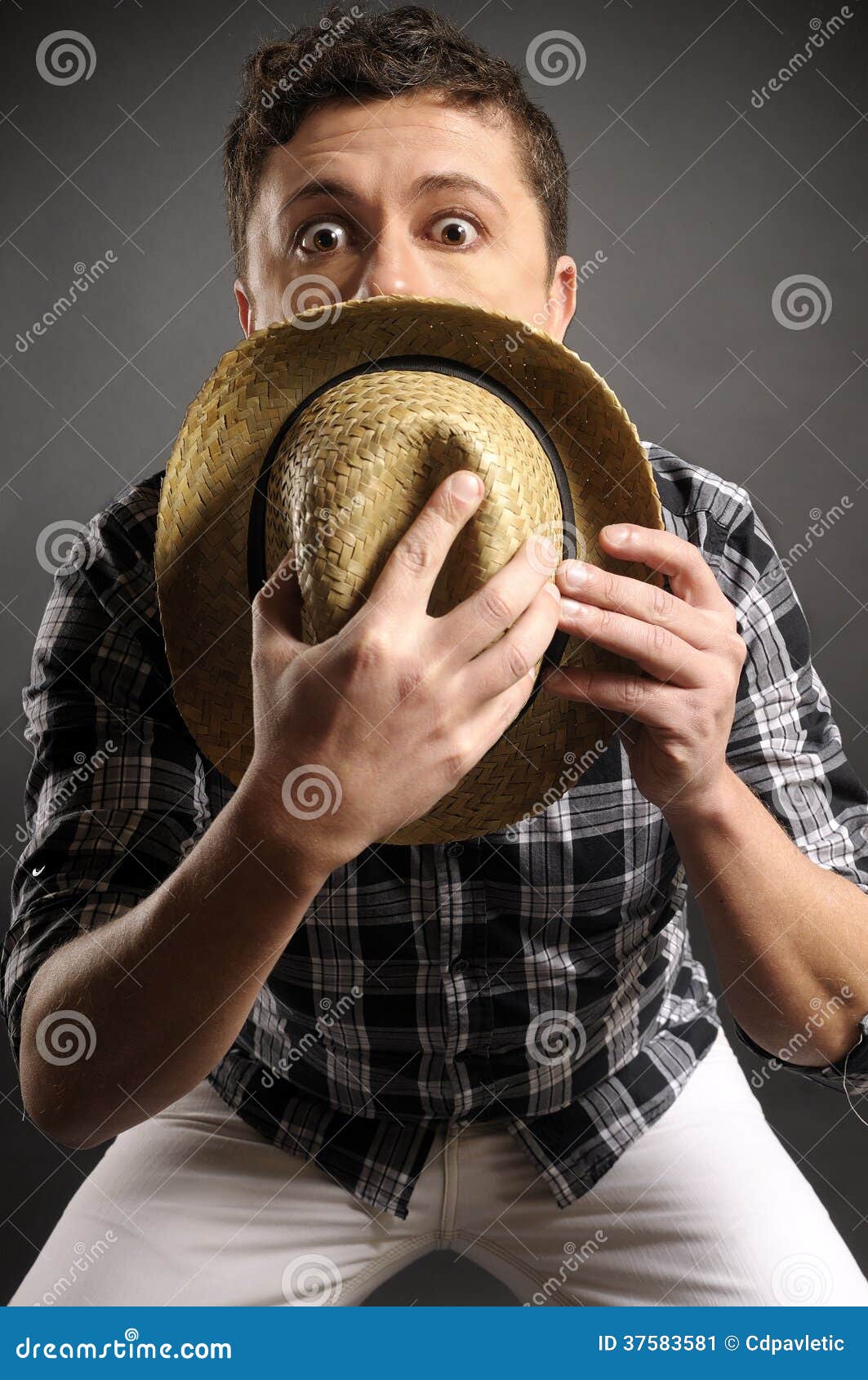 Scared Man Hidden Behind His Straw Hat Stock Image - Image of young ...