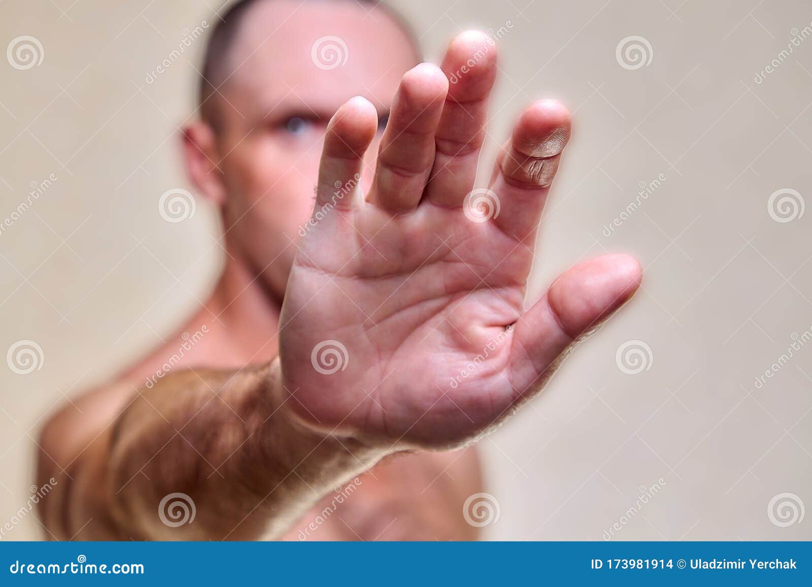 Scared Man Put His Hands Forward. Athlete Fenced Off Stock Photo ...