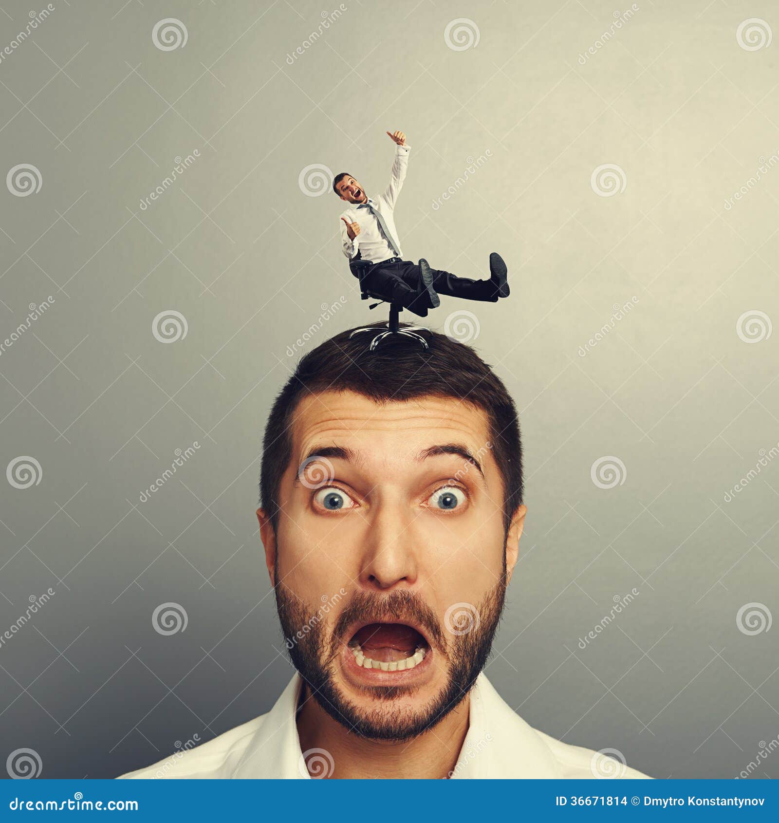 Scared Man with Small Crazy Man on the Head Stock Photo - Image of ...