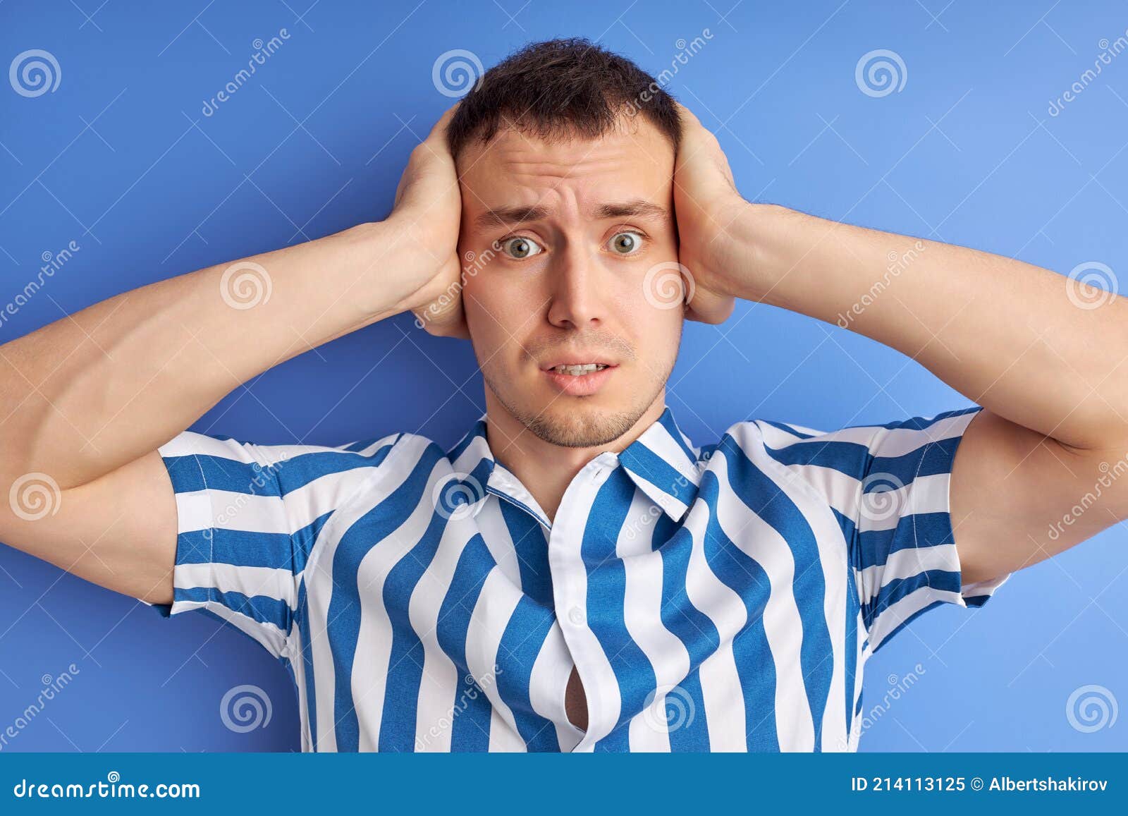 Scared Man Stressed by Noise, Closing Ears with Both Hands, Avoid ...