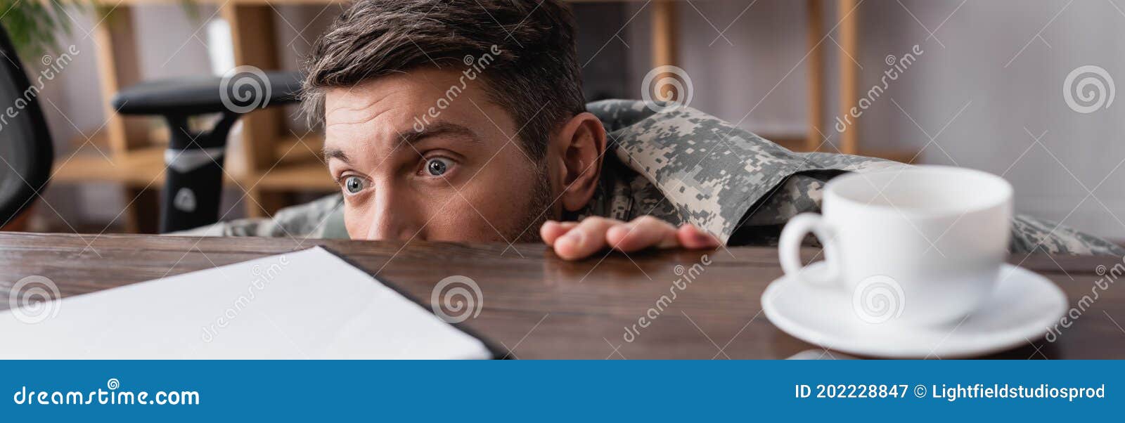 Scared Military Man Hiding Under Desk Stock Image - Image of service ...