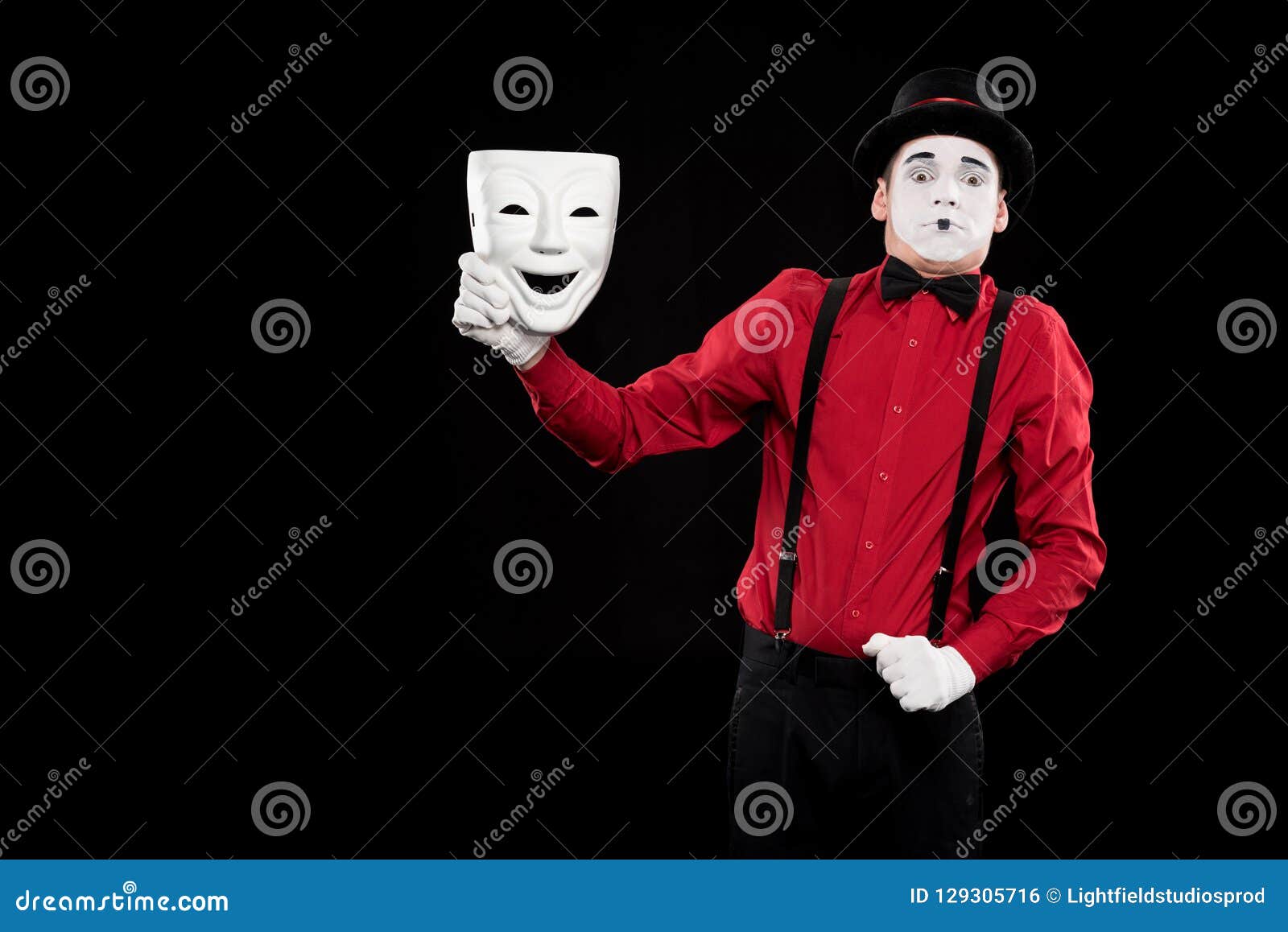 Scared Mime Holding White Mask Stock Photo - Image of male ...